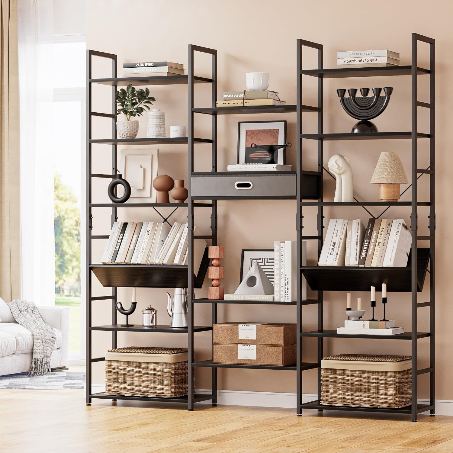 Triple Column 5 Tier Bookshelf Bookcase with 14 Open Display Shelves ...