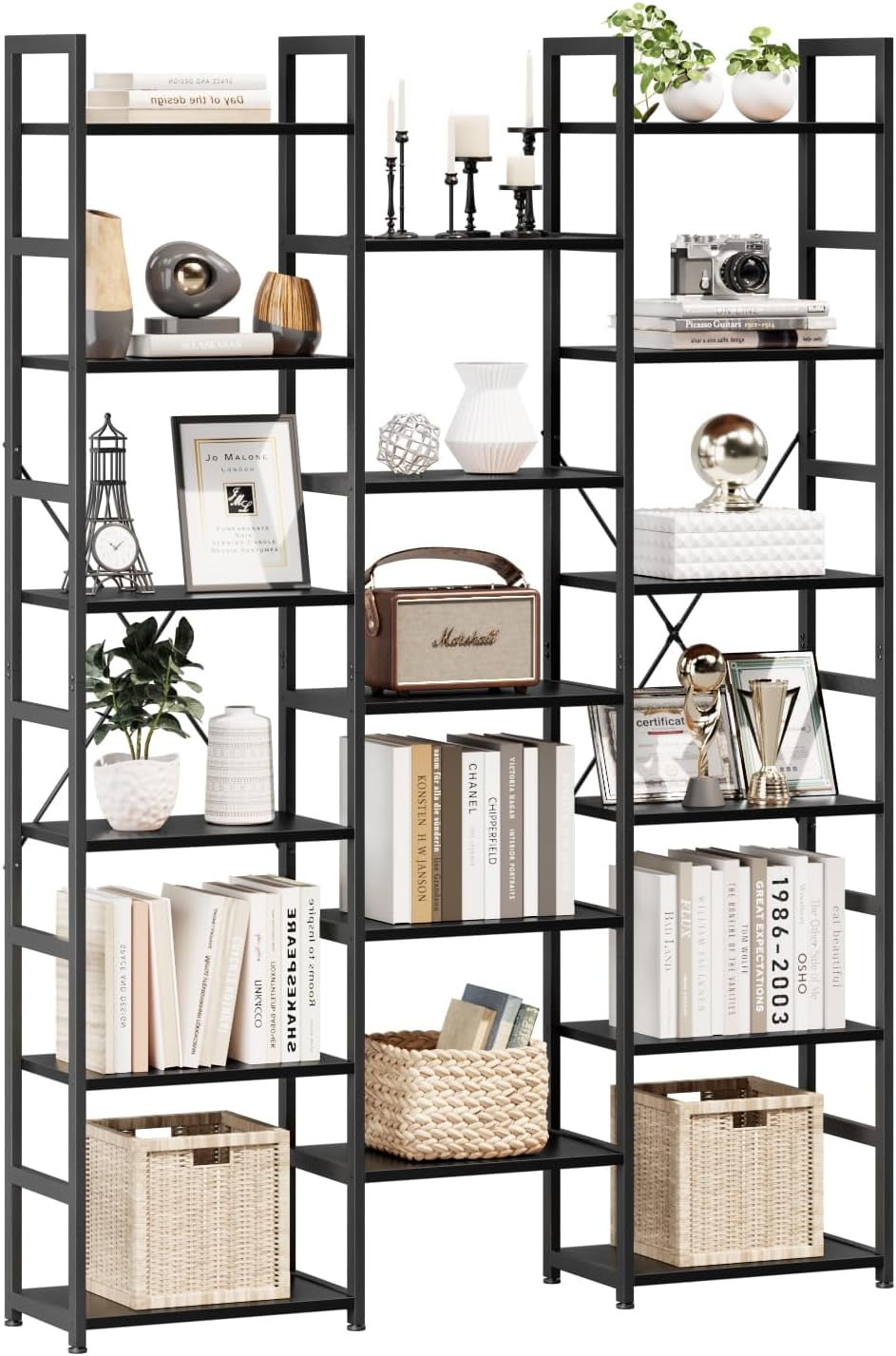 Triple Column 5 Tier Bookshelf Bookcase with 14 Open Display Shelves ...