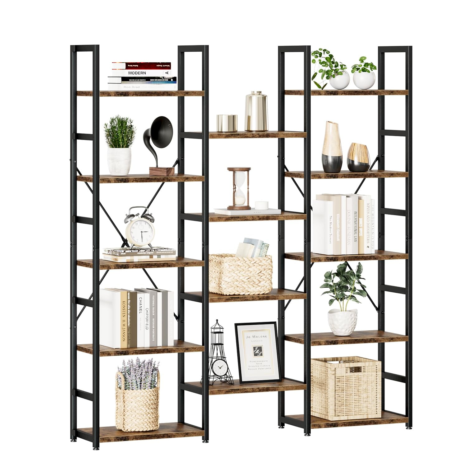 Triple Column 5 Tier Bookshelf, Bookcase with 14 Open Display Shelves ...