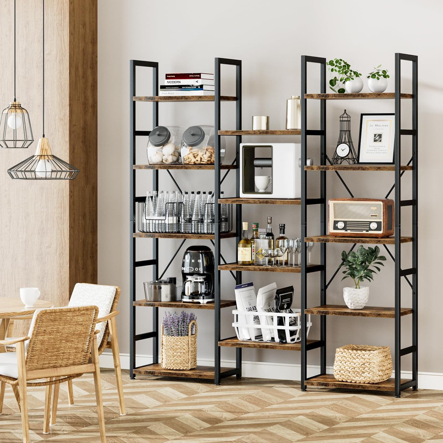Triple Column 5 Tier Bookshelf, Bookcase with 14 Open Display Shelves ...