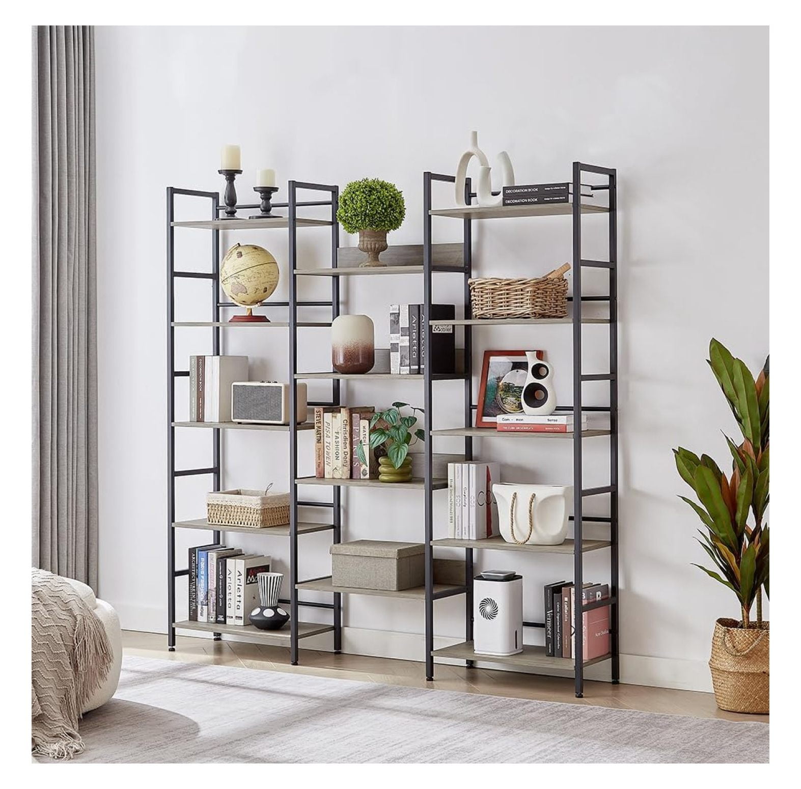 Triple Column 5 Tier Bookshelf, Freestanding Tall Display Shelves ...