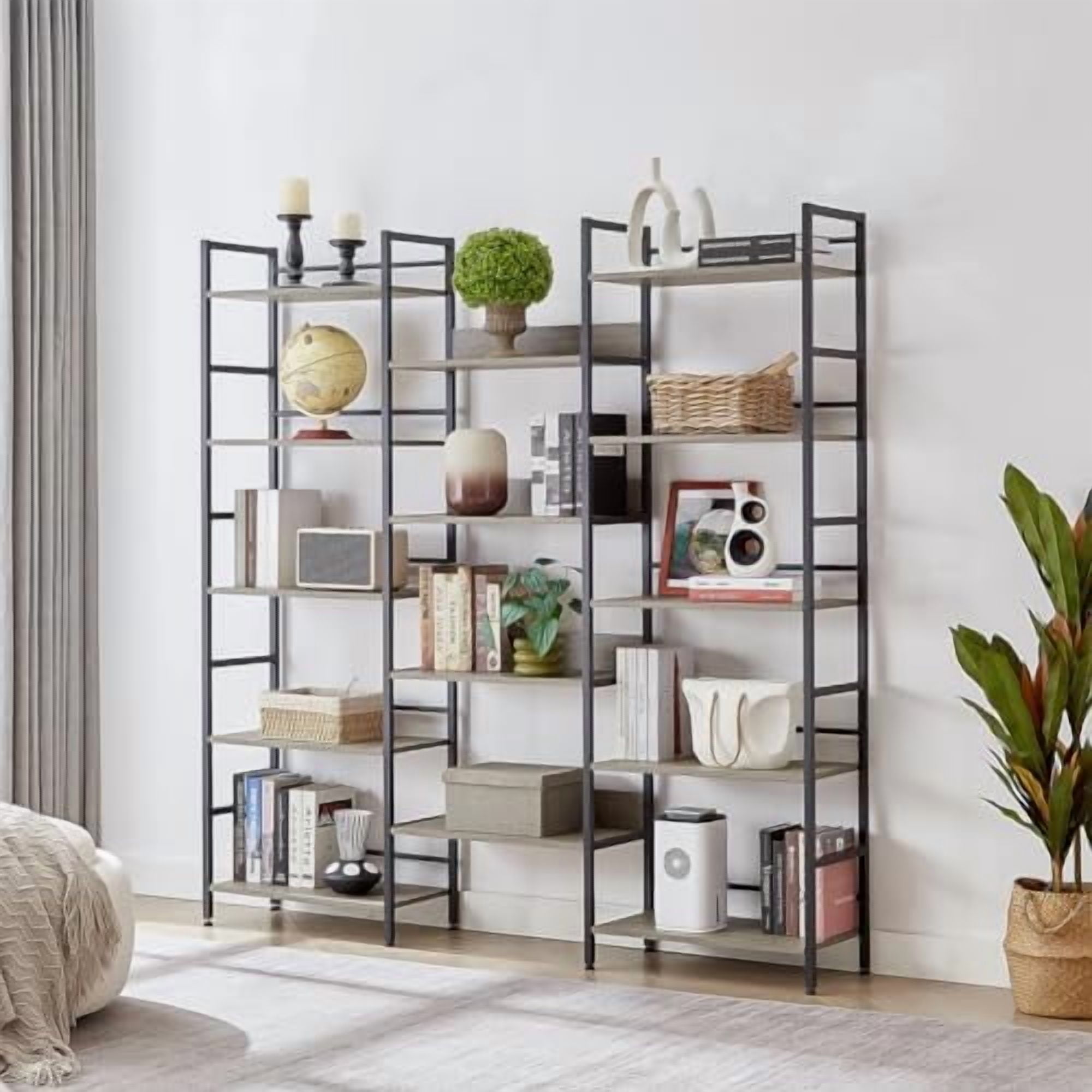 Triple Column 5 Tier Bookshelf, Freestanding Tall Display Shelves ...