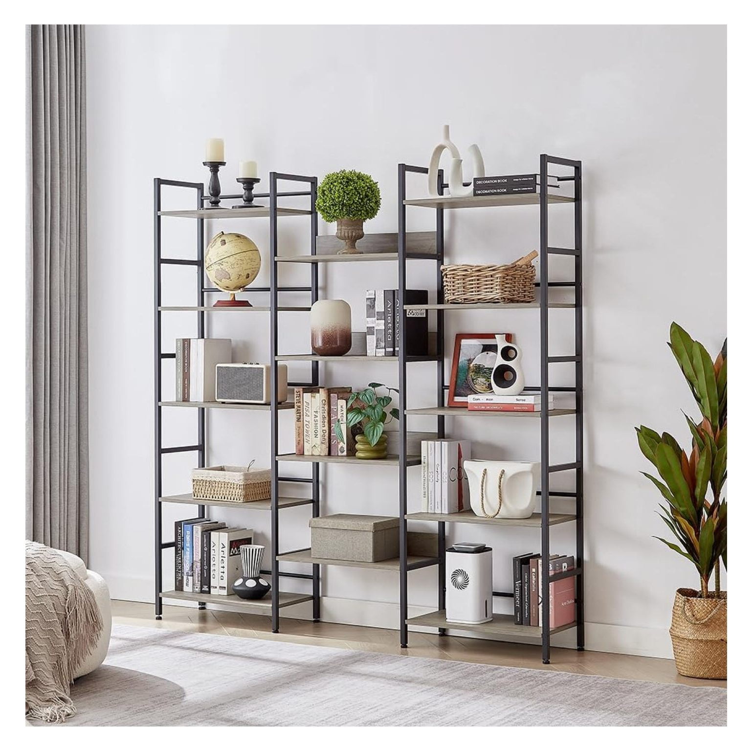 Triple Column 5 Tier Bookshelf, Freestanding Tall Display Shelves ...