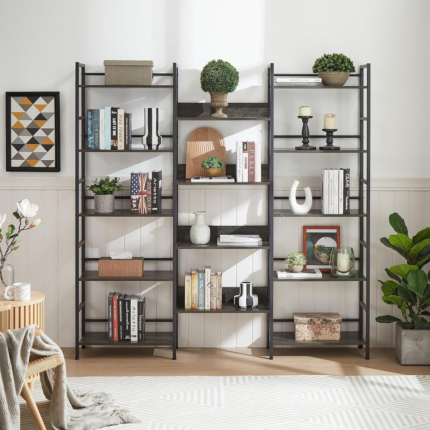 Triple Column 5 Tier Bookshelf, Freestanding Tall Display Shelves ...