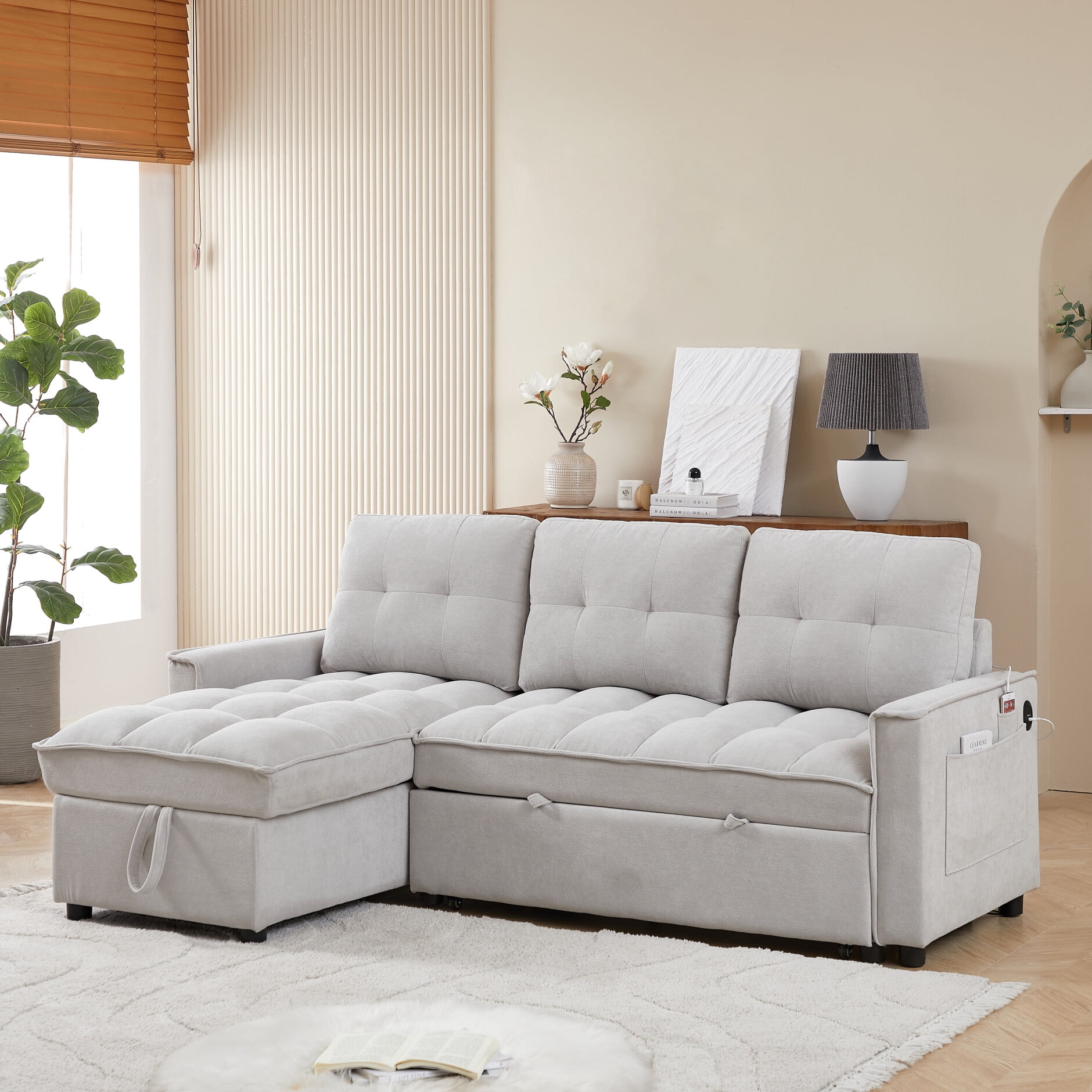 Triple Conversion Reclining Sofa Bed, Chenille Fabric with Storage ...
