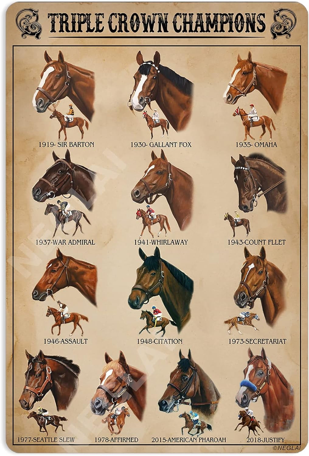 Triple Crown Champions Horse Knowledge Metal Tin Signs Poster, Vintage ...