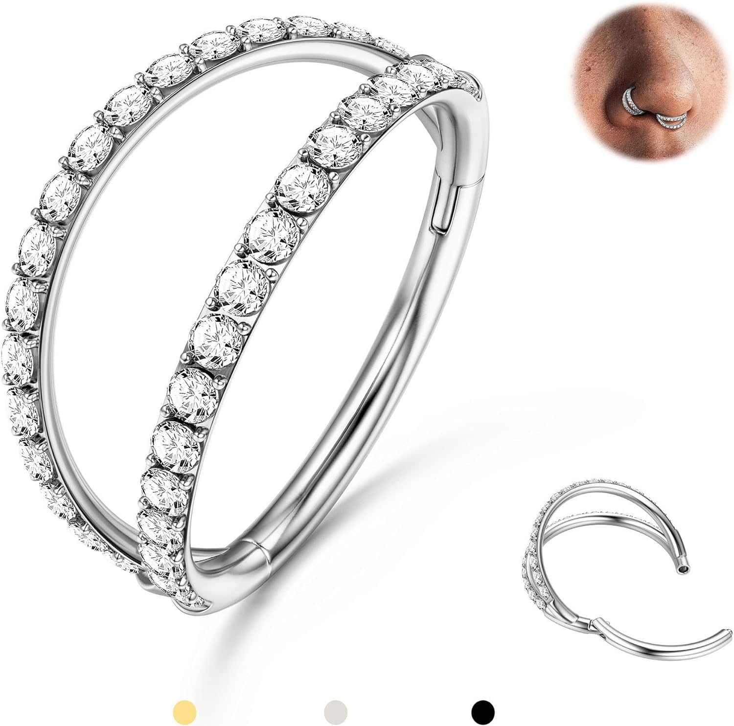 Triple/Double Hoop Nose Ring - G23 Titanium Septum Rings 16G/18G/20G CZ ...