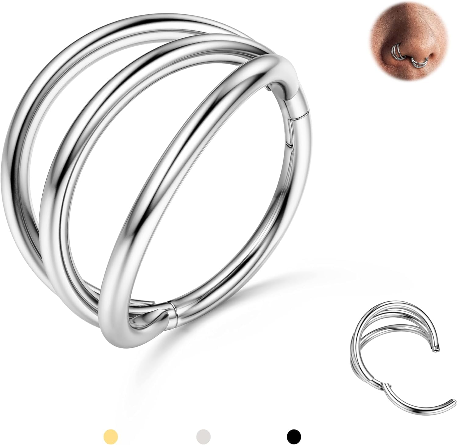 Triple/Double Hoop Nose Ring - G23 Titanium Septum Rings 16G/18G/20G CZ ...