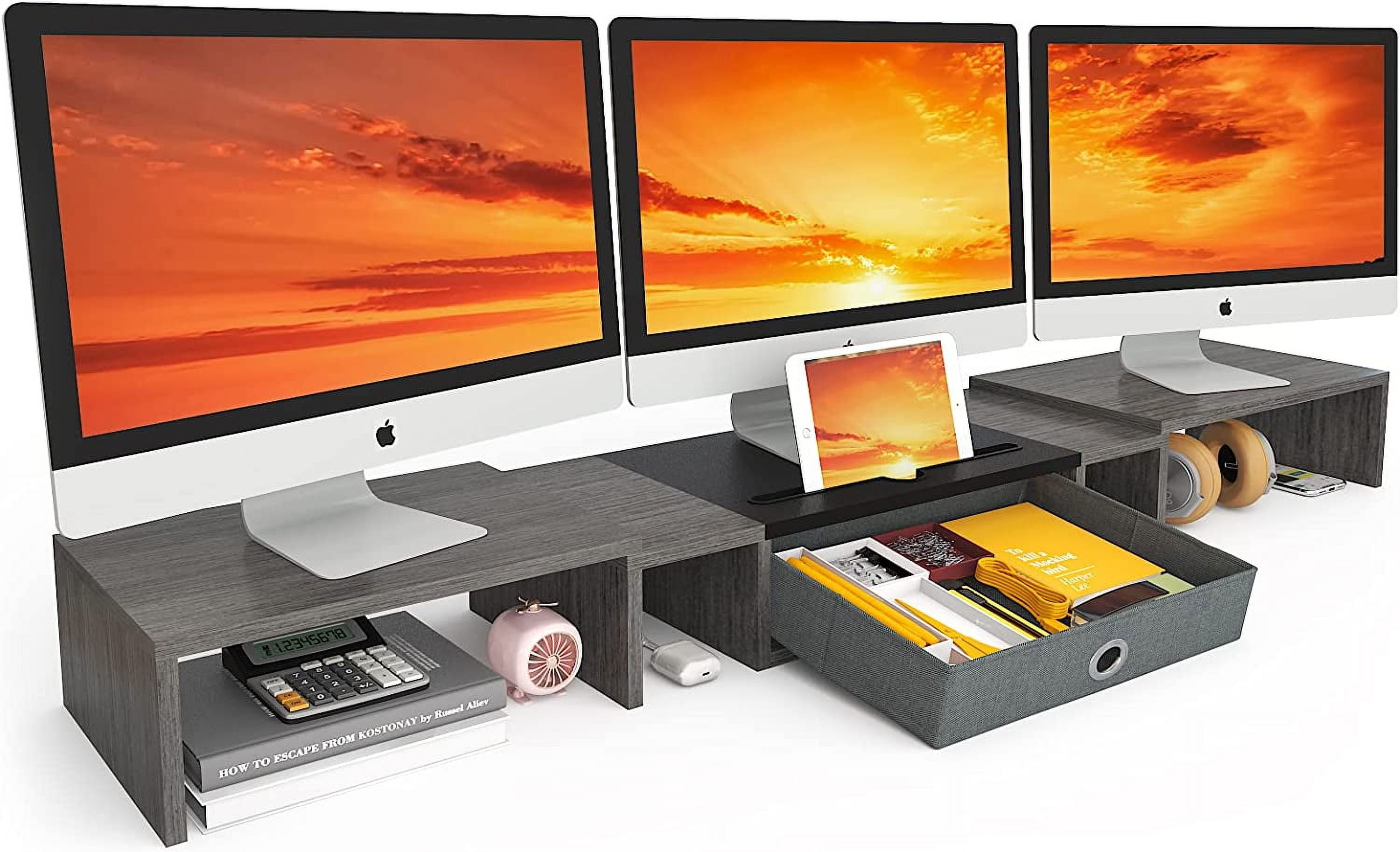 Triple Dual Monitor Stand Riser with Drawer,Extra Large Adjustable for ...