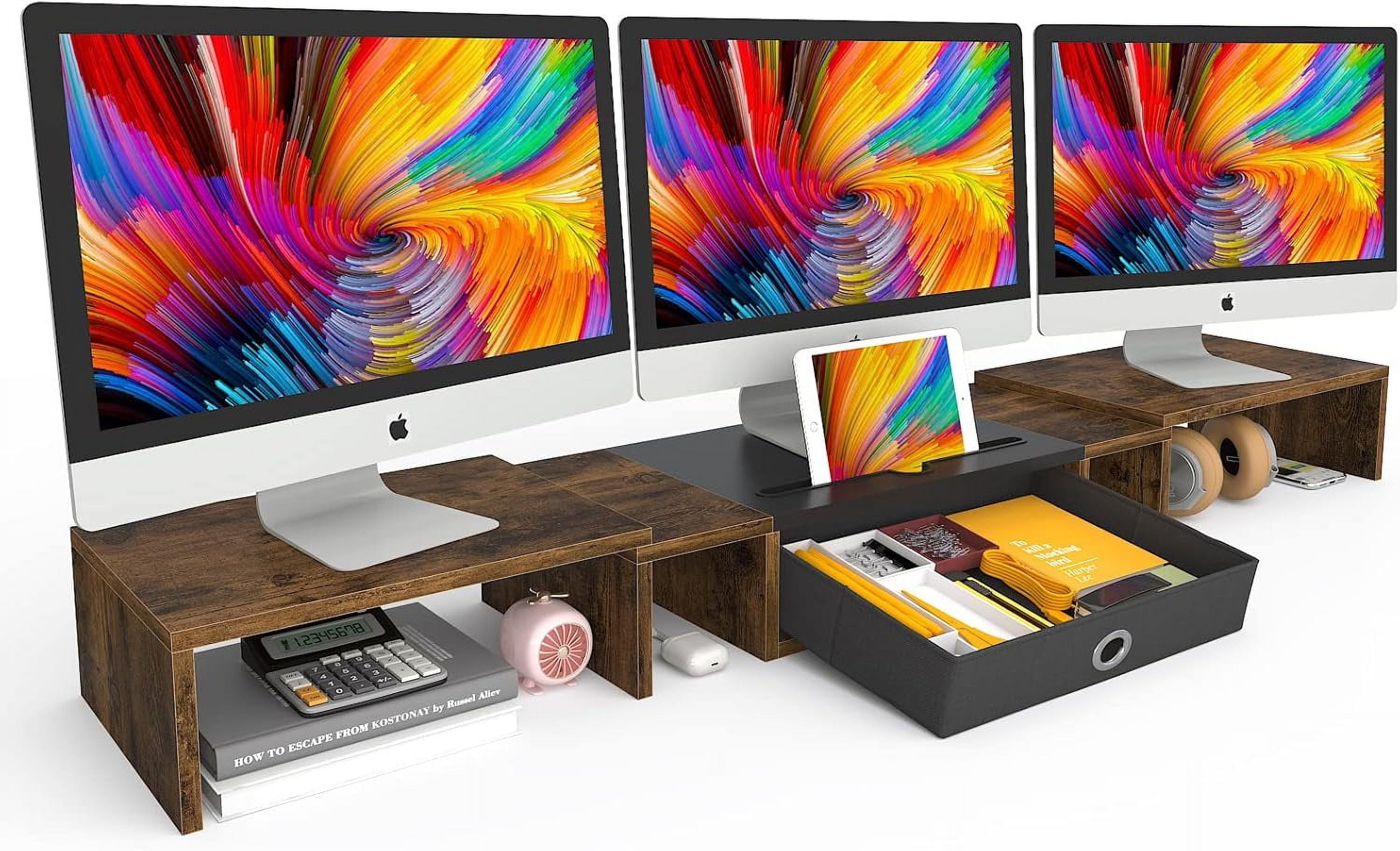 Triple Dual Monitor Stand Riser with Drawer,Extra Large Adjustable for ...