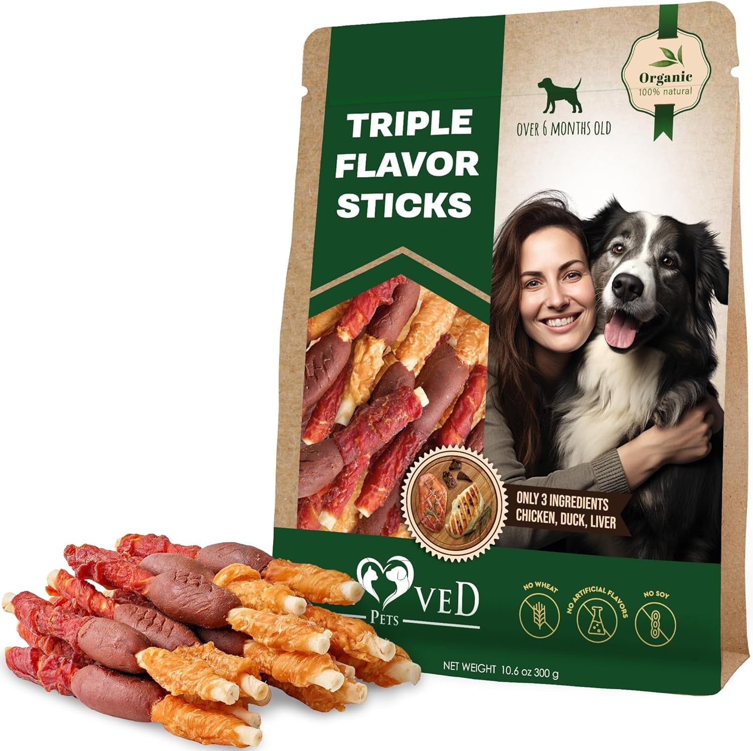 Triple Flavor Dog Rawhide Treats - Duck & Chicken - Natural & Organic ...