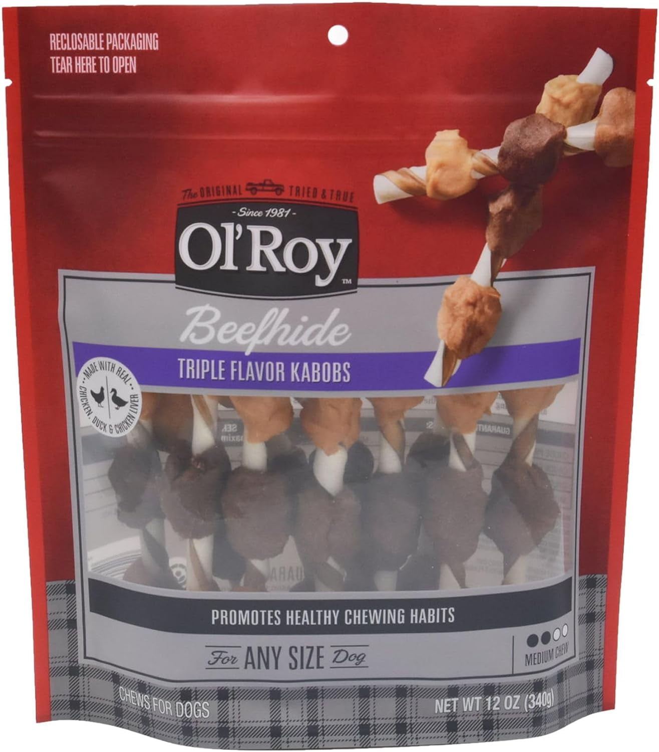 Triple Flavor Kabobs Rawhide Chews Dry for All Dogs, 12 oz. Made with ...