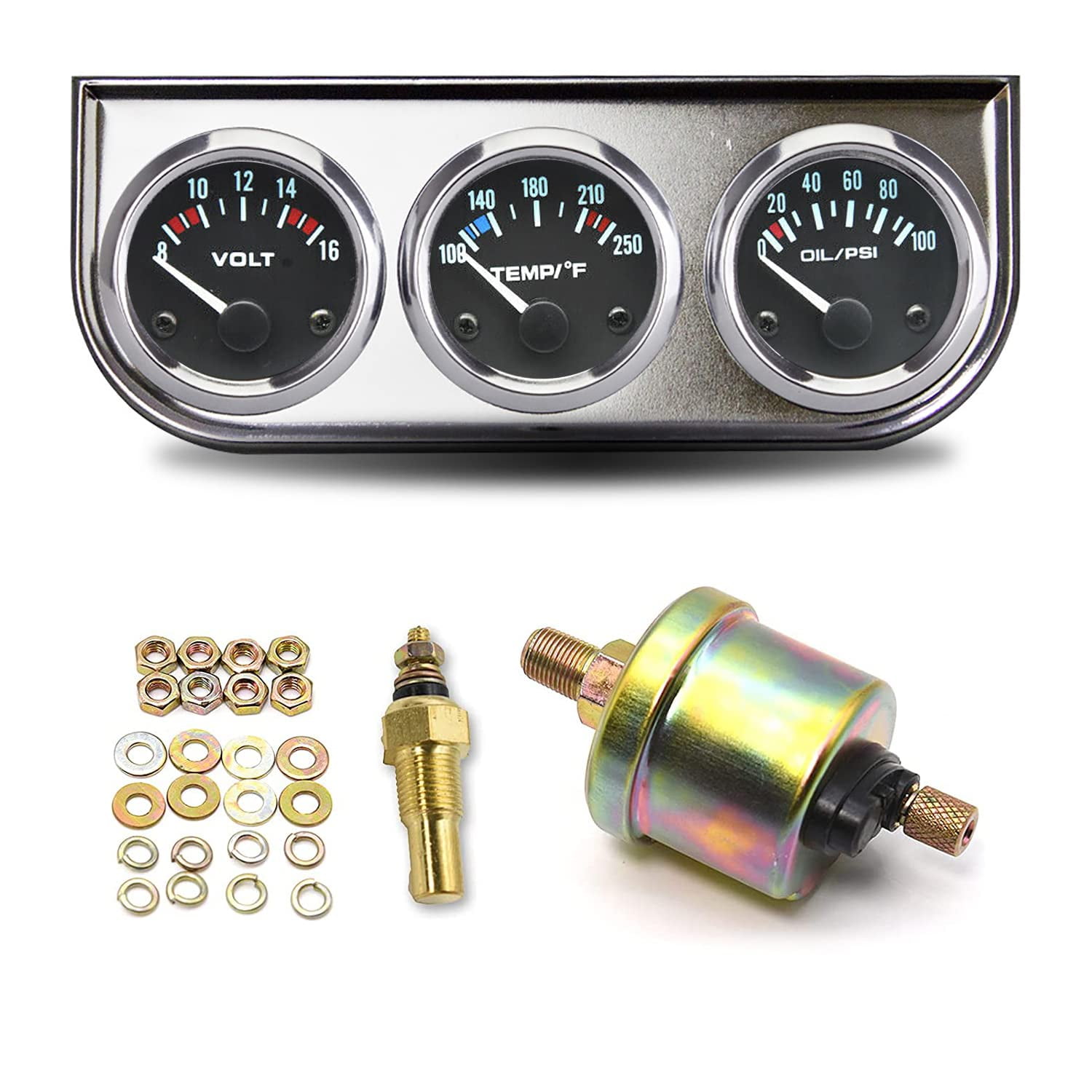 Triple Gauge Kit Oil/Volt/Water Gauge 2" Chrome Oil Temp Water Temp ...