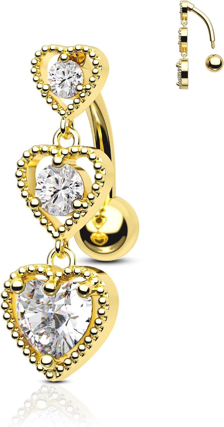 Triple Heart Dangle Belly Button Rings 14G Reverse Belly Navel Rings ...