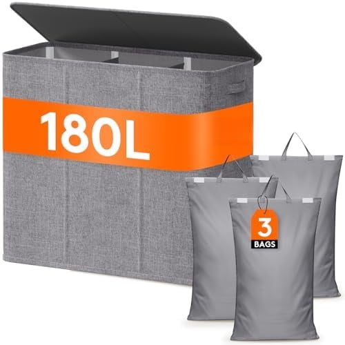 Triple Laundry Hamper with Lid and Removable Laundry Bags, Large ...