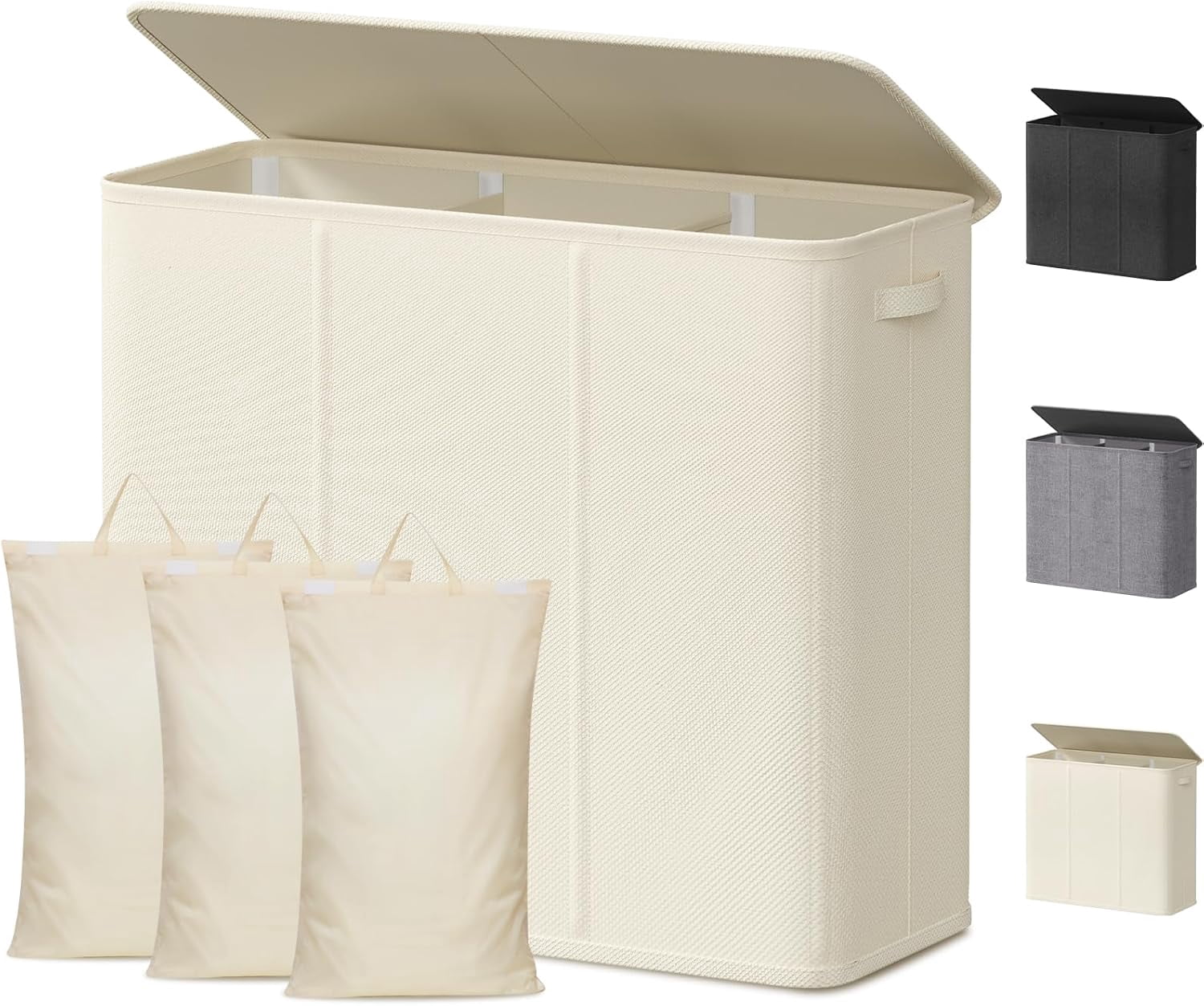 Triple Laundry Hamper with Lid and 3 Removable Bags, Collapsible ...