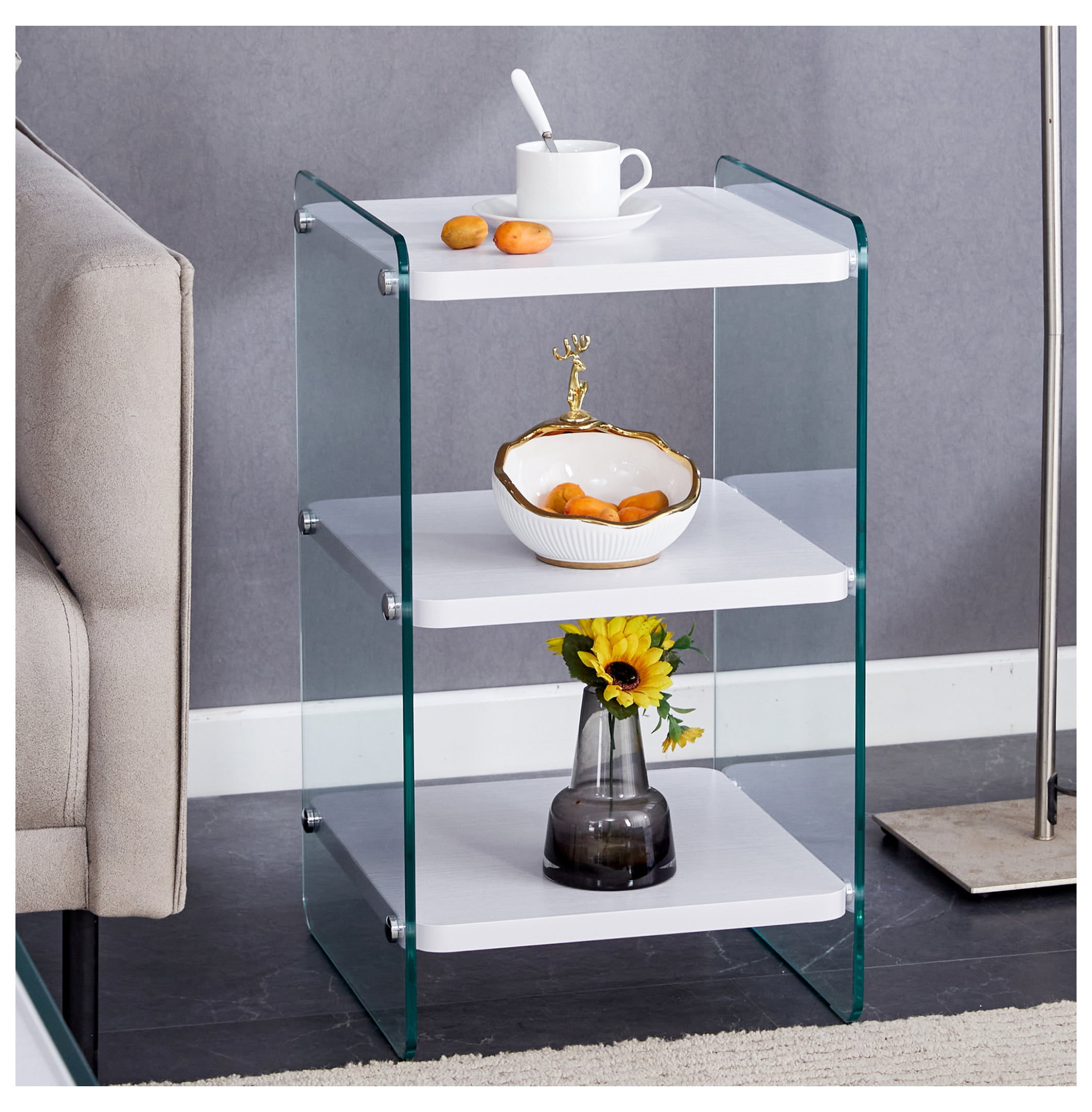 Triple Layer Side Table - Modern End Table with Tempered Glass & MDF ...