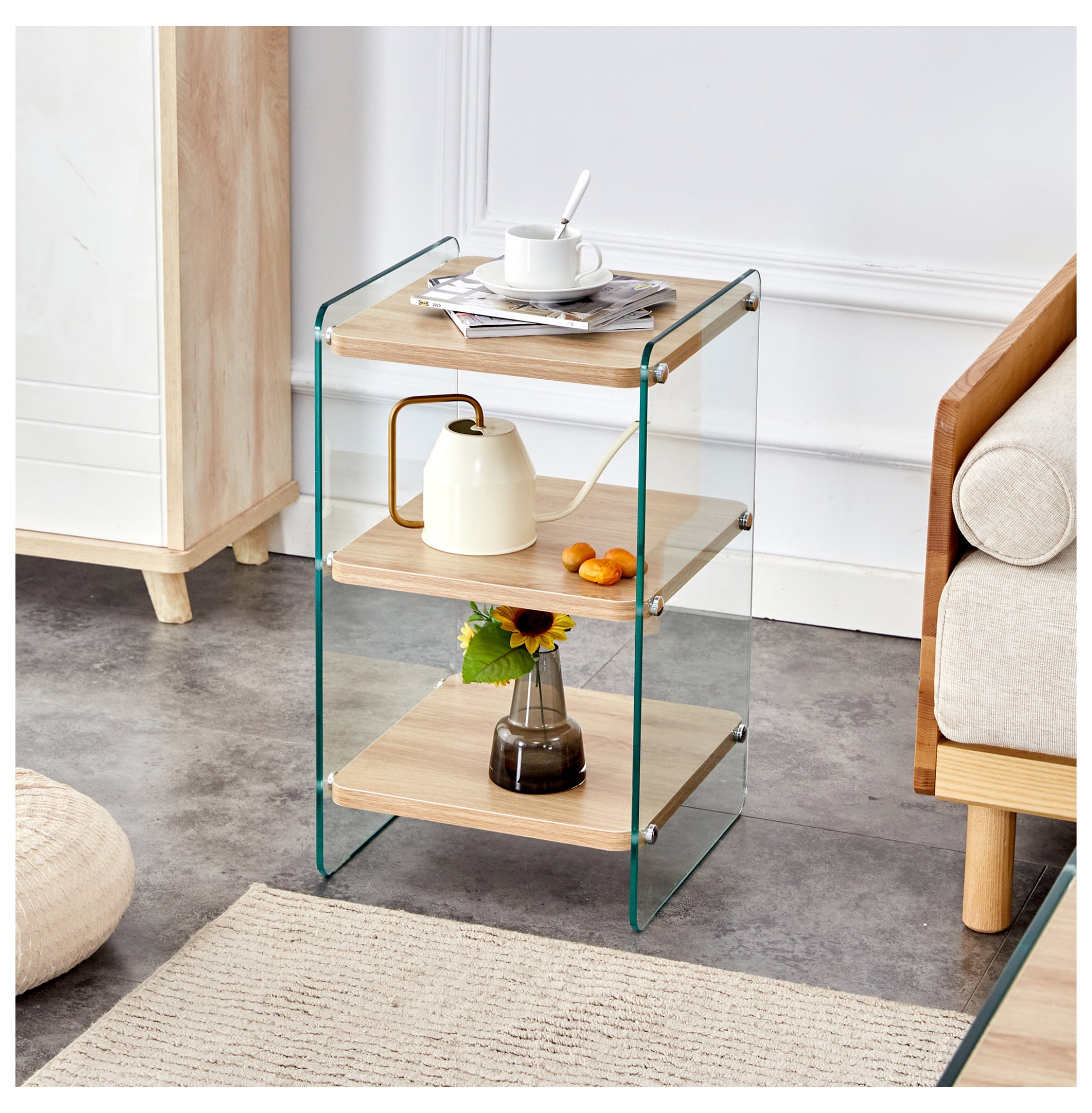 Triple Layer Side Table - Modern End Table with Tempered Glass & MDF ...