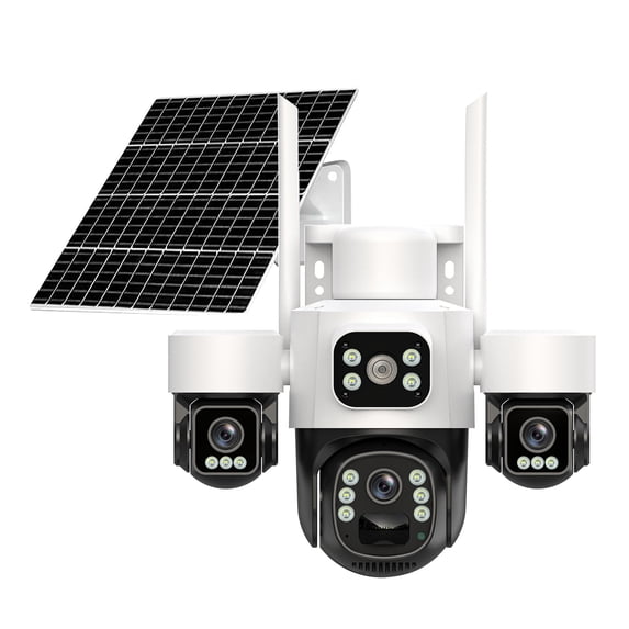 Triple Lens Solar Security Camera, 360° PTZ, IP66 Waterproof, Audio ...