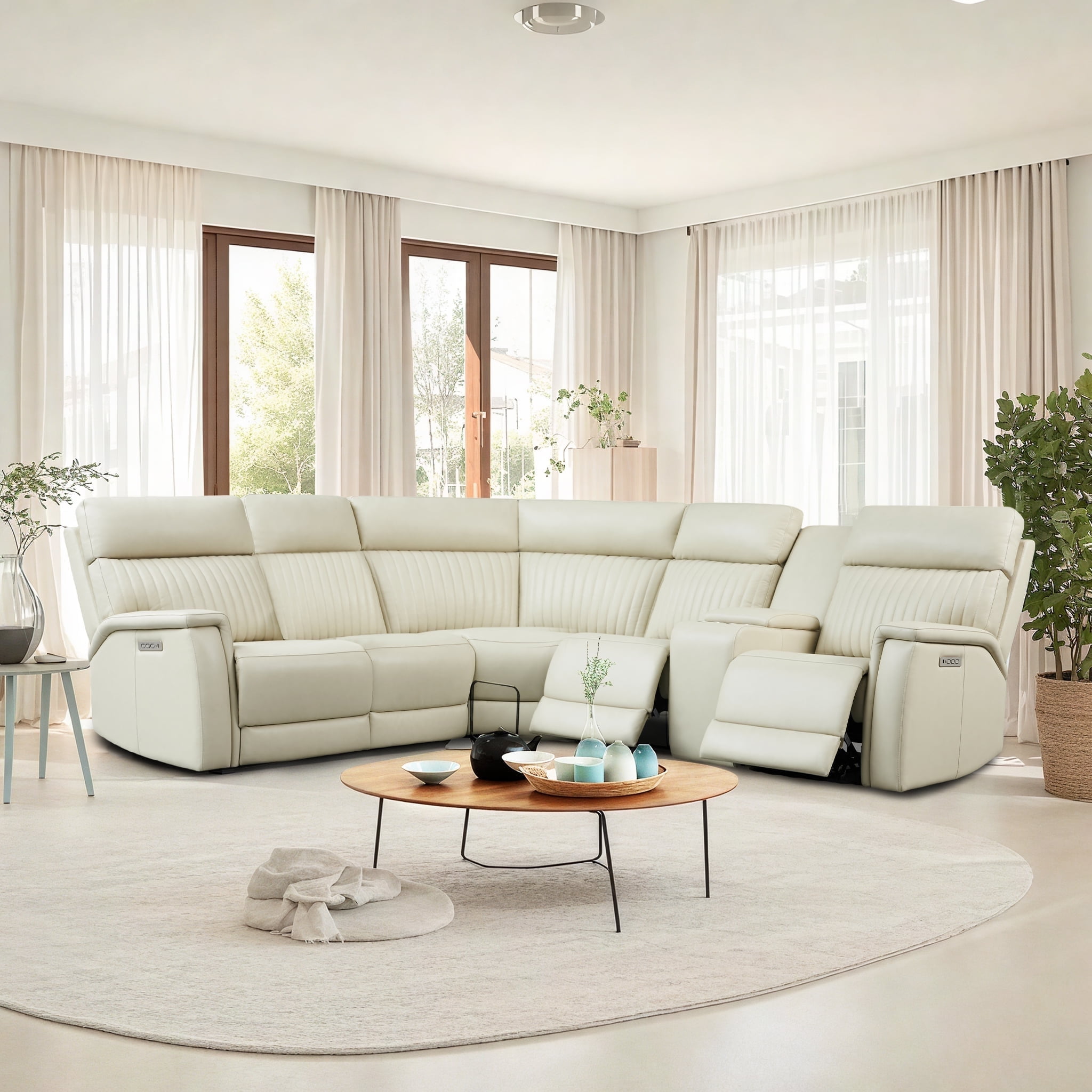 Triple-Power Genuine Leather Cream Reclining Sectional Sofa With ...