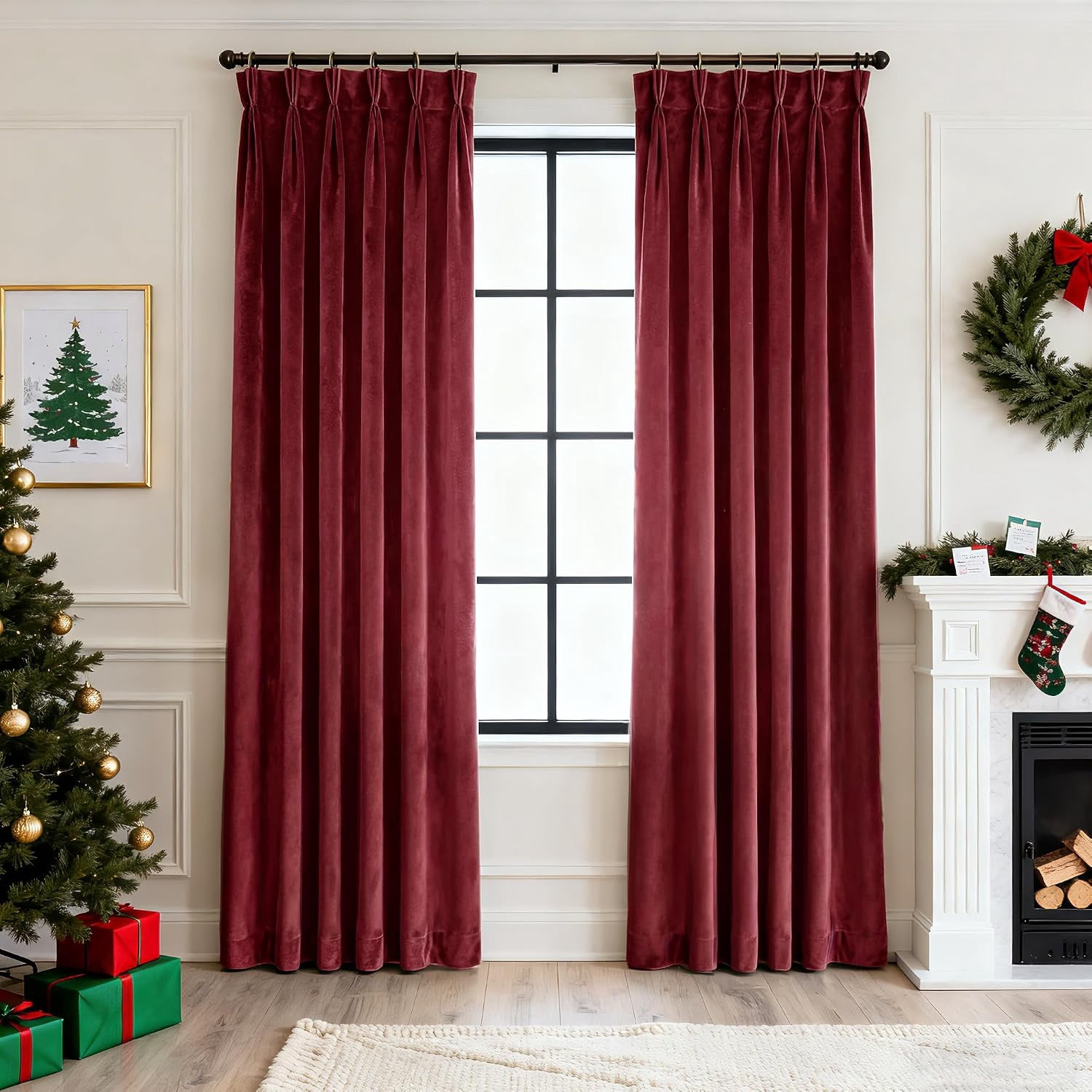 Triple Pleated Red Velvet Curtains 96 Inches Long 2 Panels Thermal ...