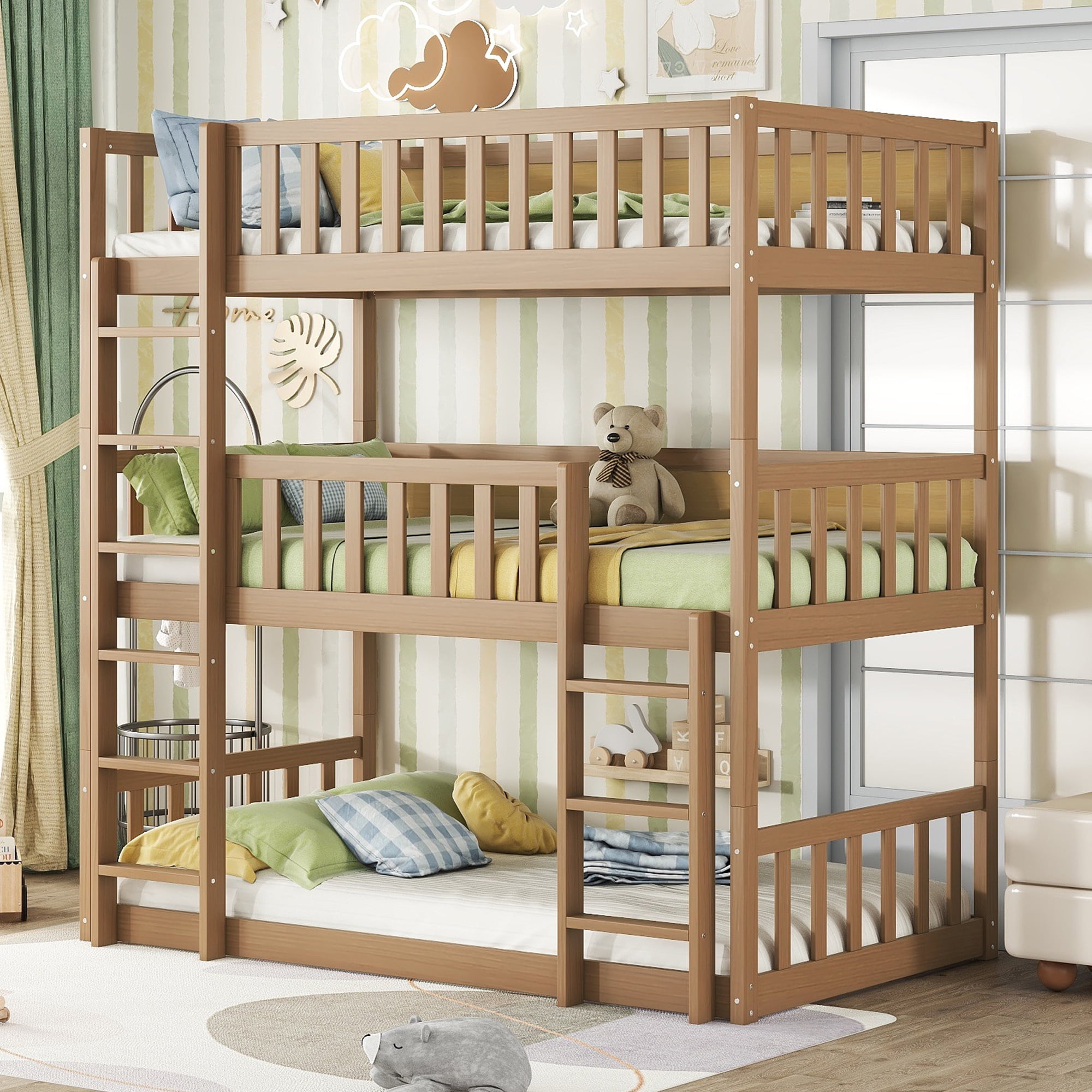 Triple Rubber Wood Bunk Bed with Ladders, Guardrails Detachable Bunk ...
