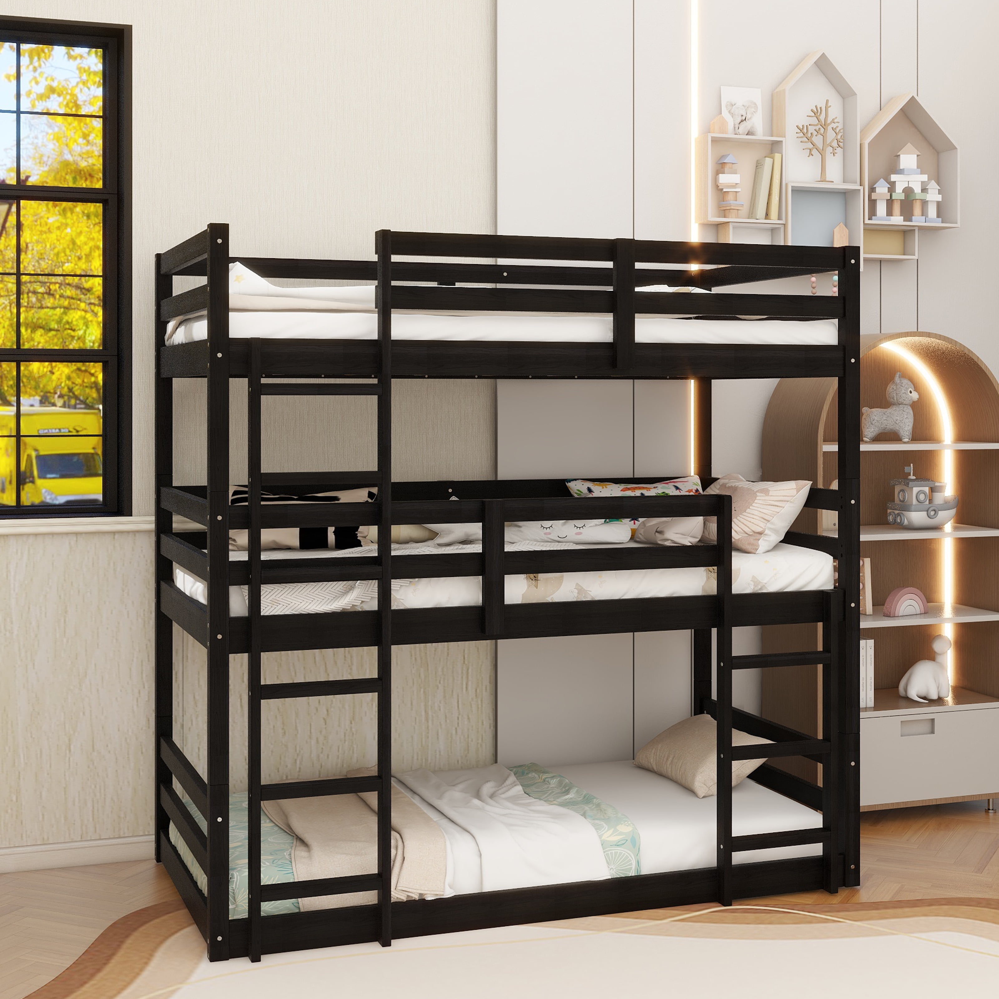 Triple Rubber Wood Bunk Bed with Two Built-in Ladders, Guardrails, Twin ...