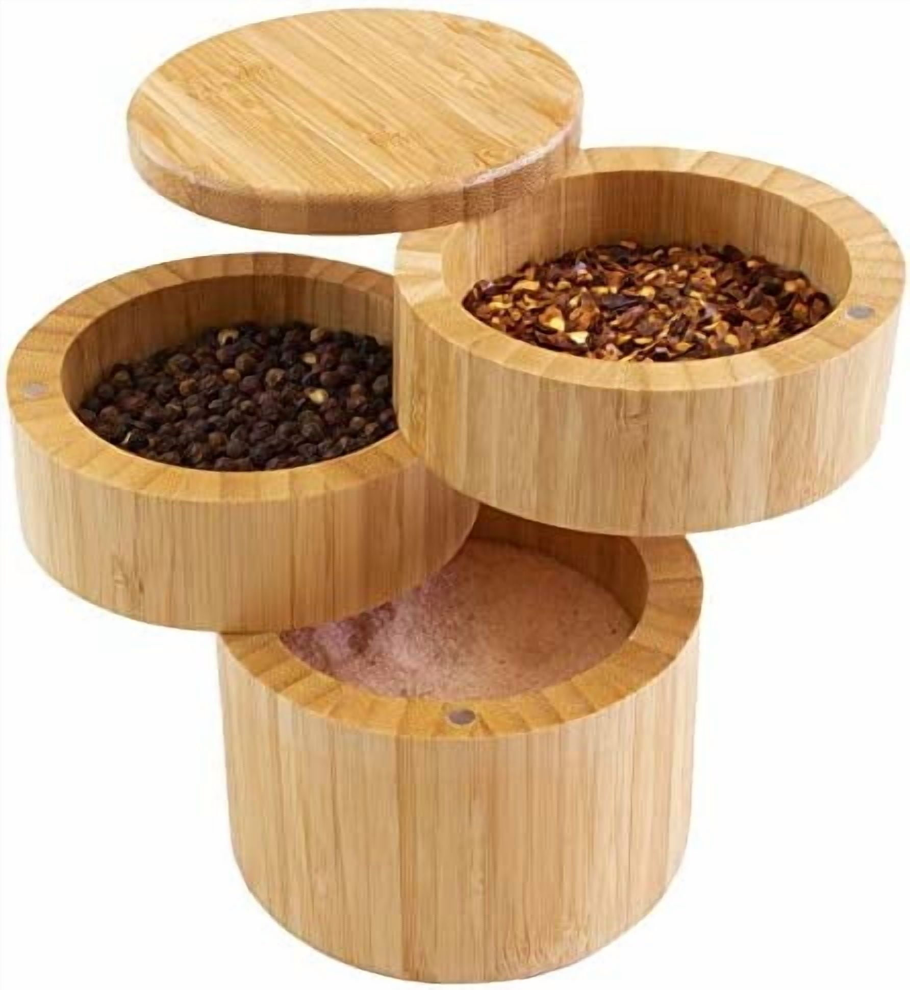 Triple Salt Cellar – 3 Tier Bamboo Salt and Pepper Storage Box with ...