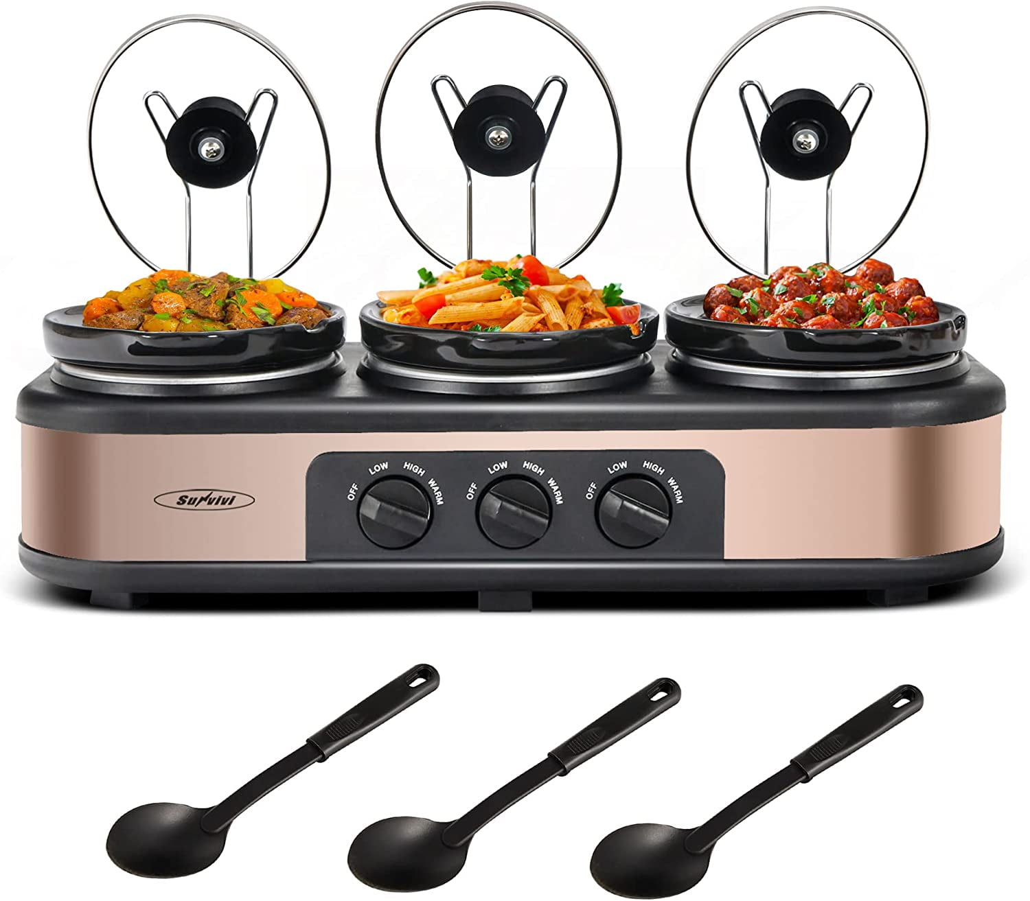 Triple Slow Cooker with 3 Spoons, 3 Pot 1.5 Quart Oval Crockpot Food ...