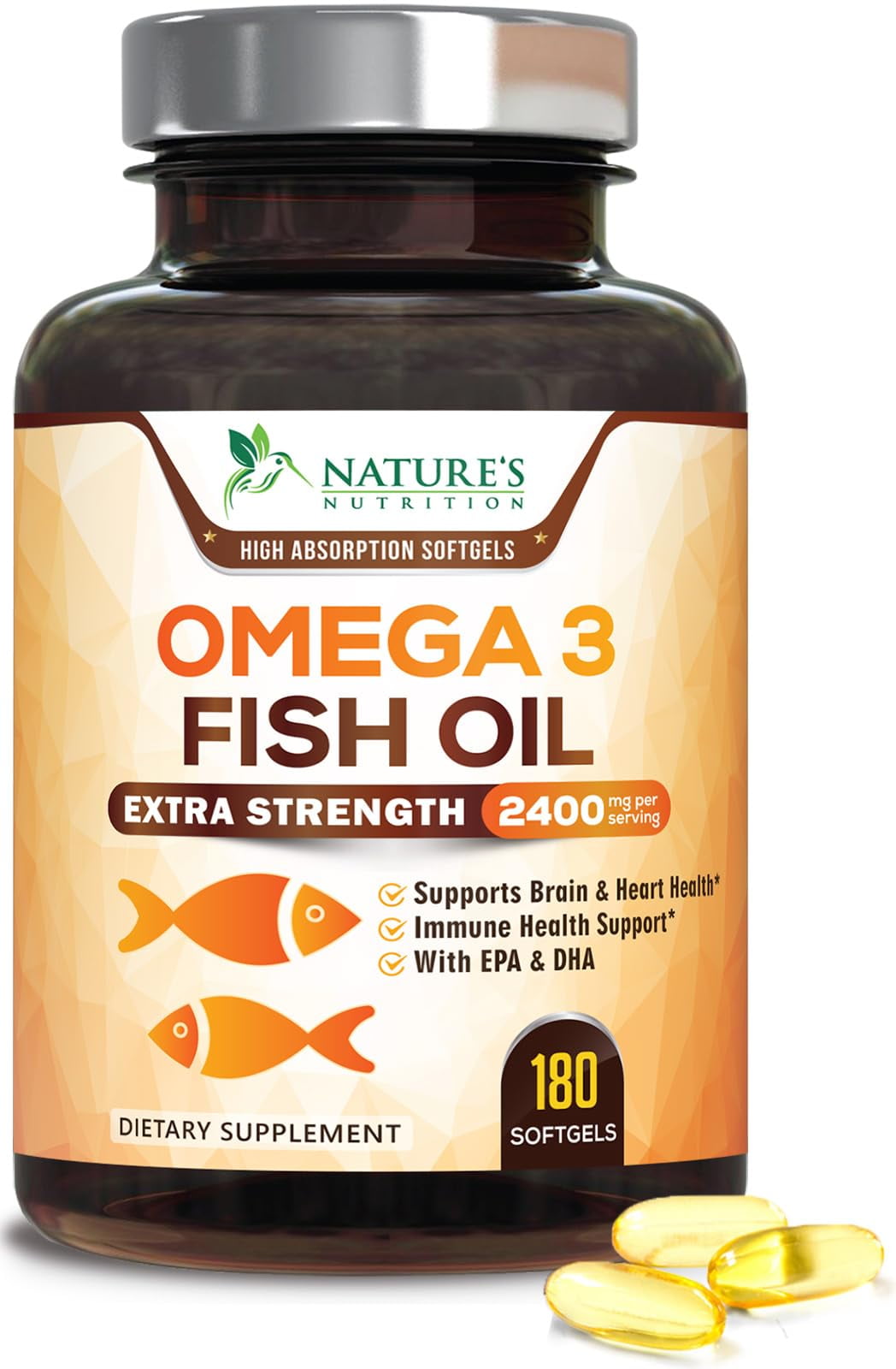 Nature's Nutrition Omega 3 Fish Oil, 2400 mg, Triple Strength EPA DHA, Lemon Flavor, Burpless ...