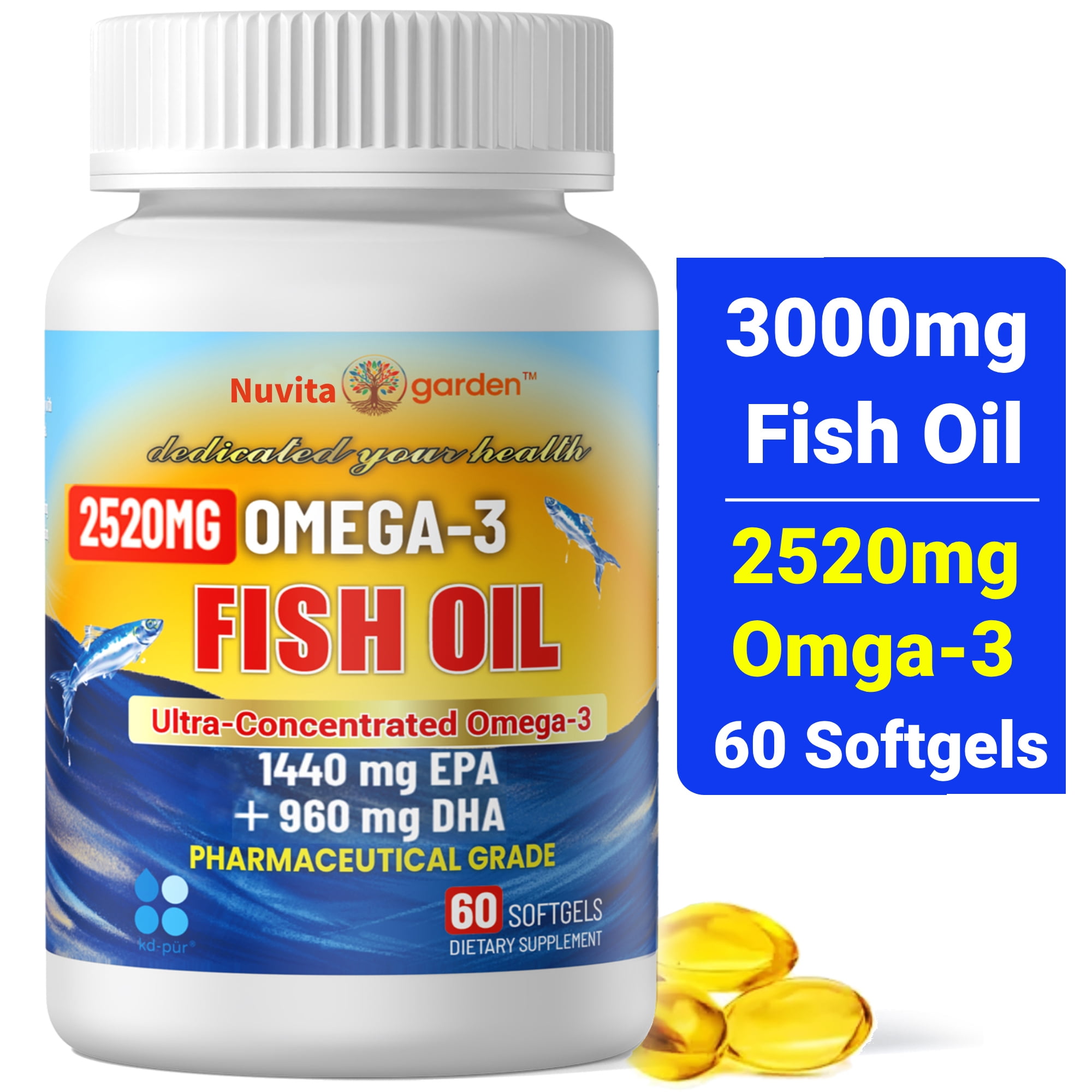 Triple Strength Omega 3 Fish Oil - 60 Softgels - 2520mg High Potency ...