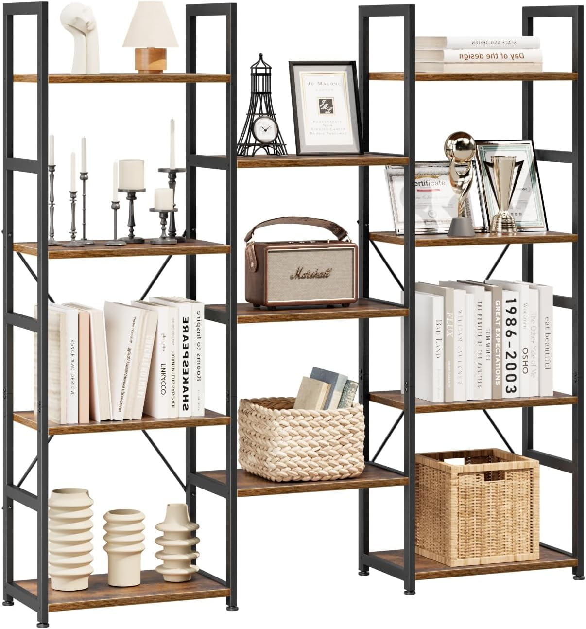 Triple Tier Bookshelf, Wide Book Shelf with Open Display Shelves ...