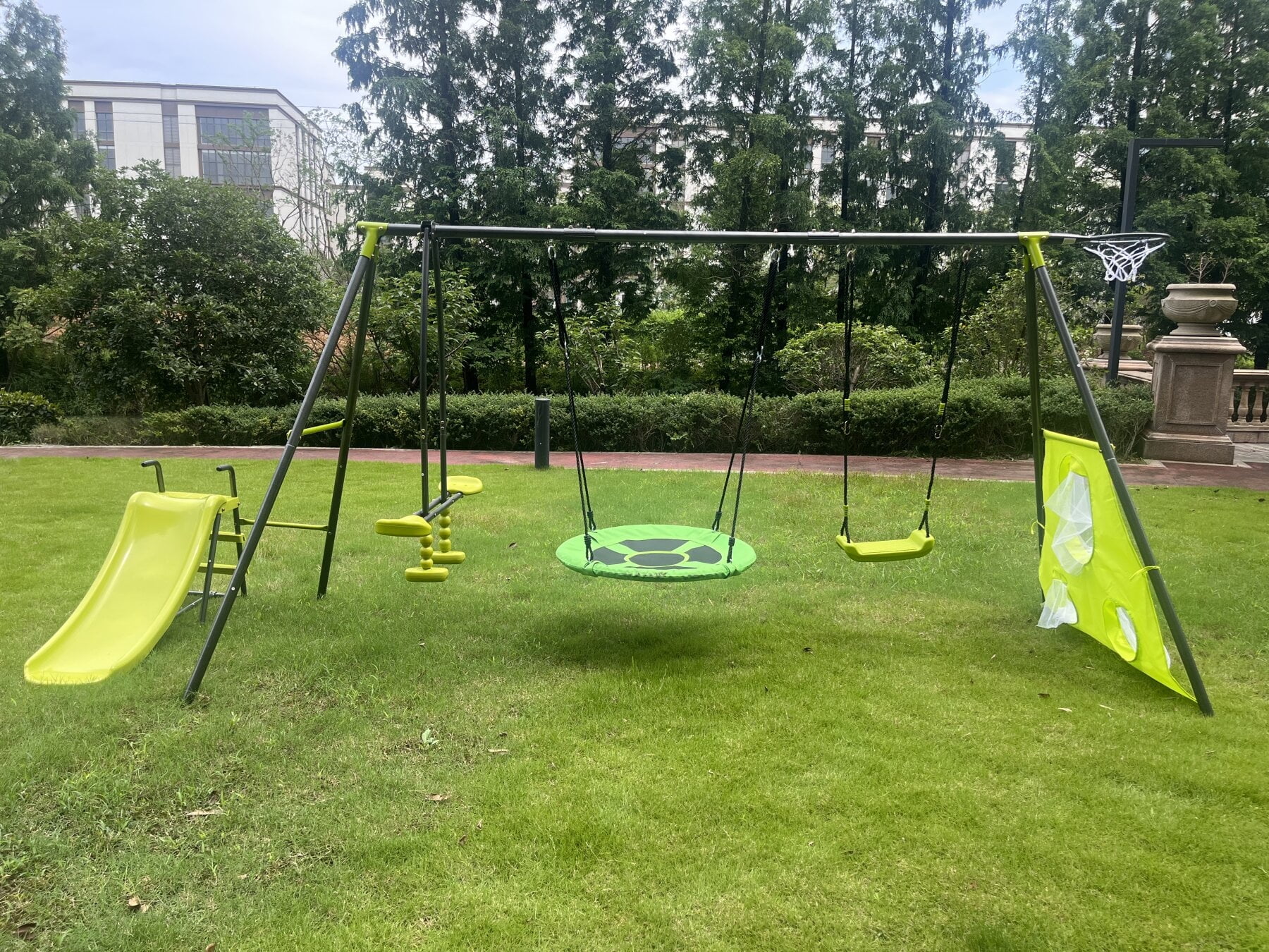 Kids Outdoor 6-in-1 Swing Set with Saucer, Belt Seat, Slide, Basketball ...