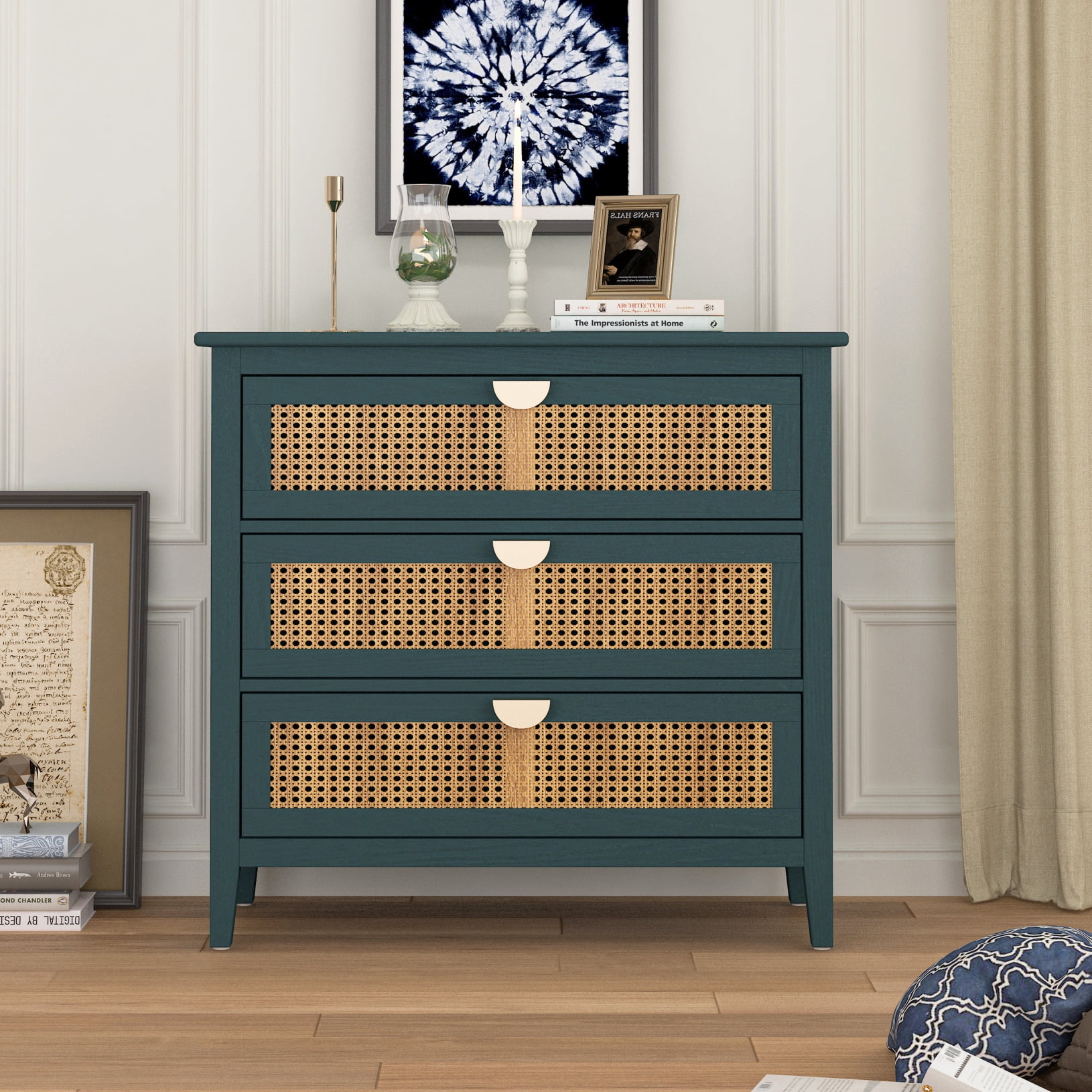 Natural Rattan 3-Drawer Wood Storage Cabinet, Modern Dresser Chest for ...