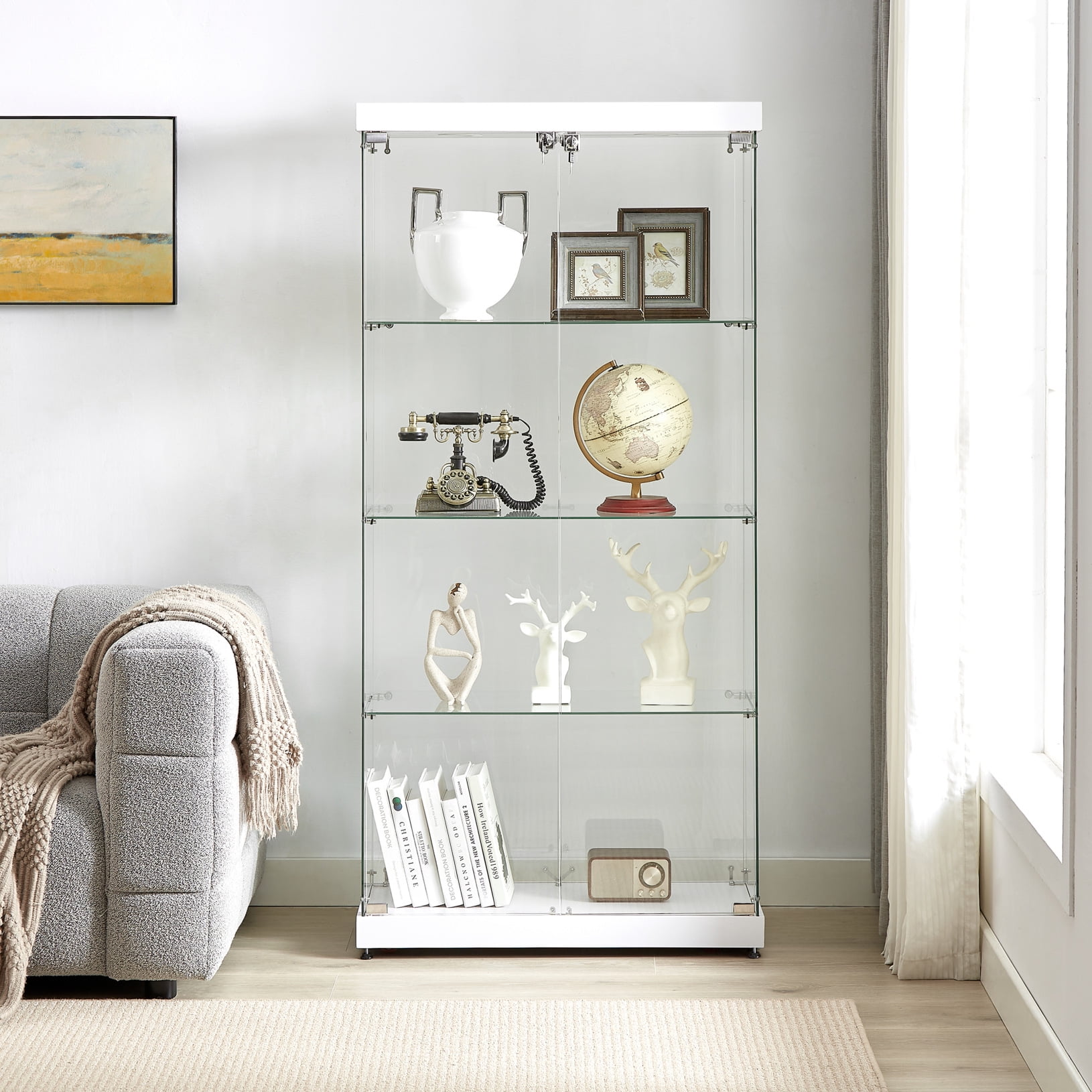 White 4-Tier Glass Display Case with 2 Lights, Freestanding Curio ...