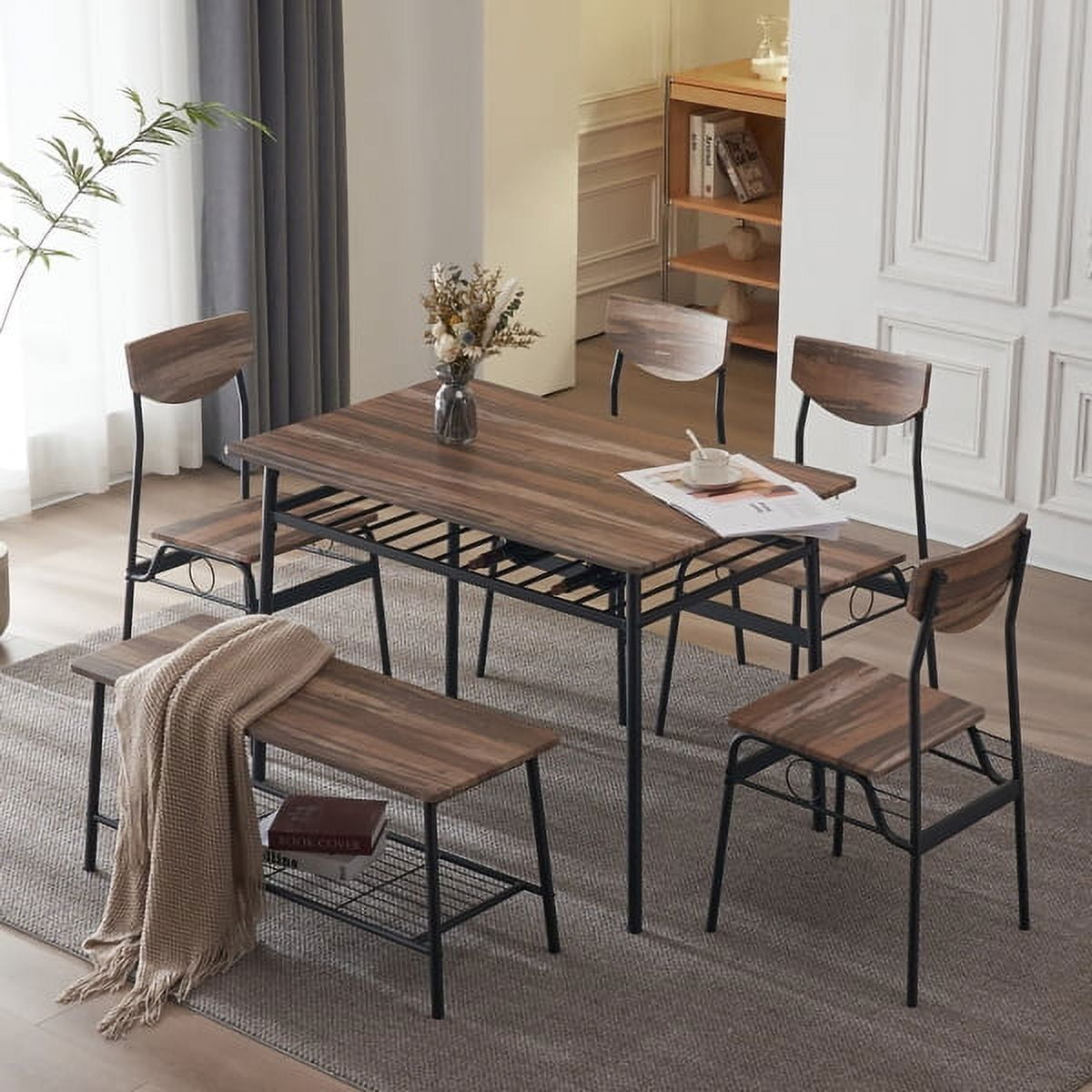 6-Piece Industrial Dining Set with Storage Racks, Sturdy Steel Frame ...