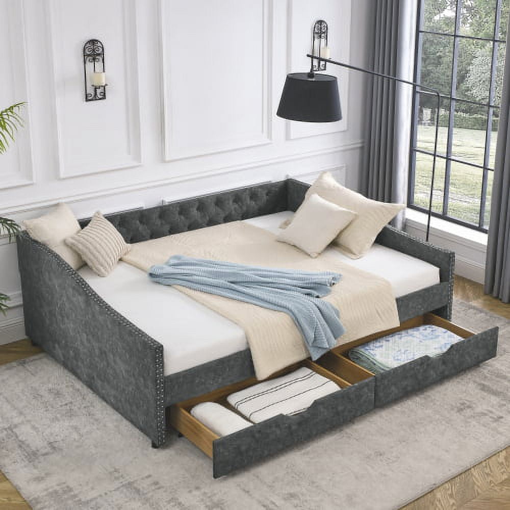 Queen Daybed with Storage Drawers, Upholstered Button Tufted Sofa Bed ...