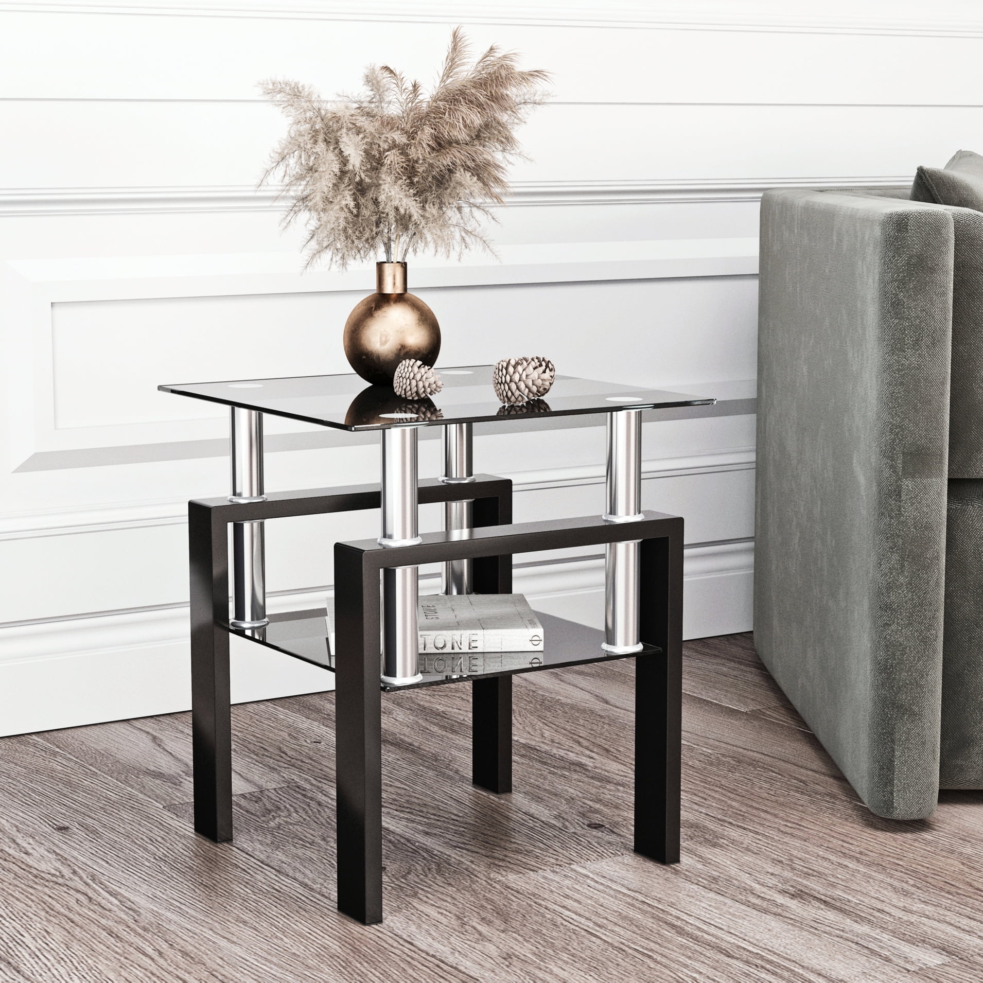 2-Tier Tempered Glass End Table with Open Shelf, Modern Sofa Side Table ...