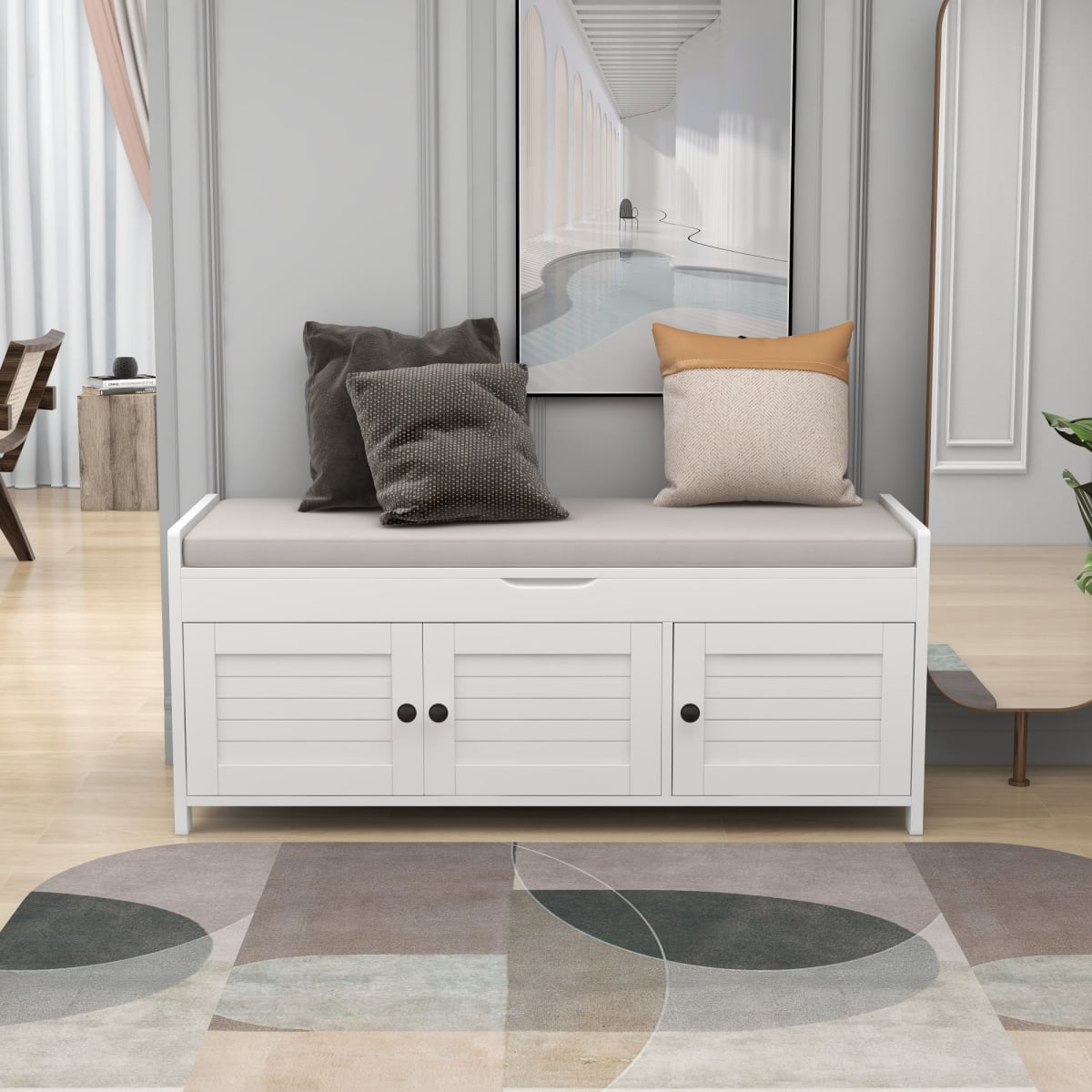 Triple Tree Shutter Shaped Storage Bench with Removable Cushion, Hidden ...