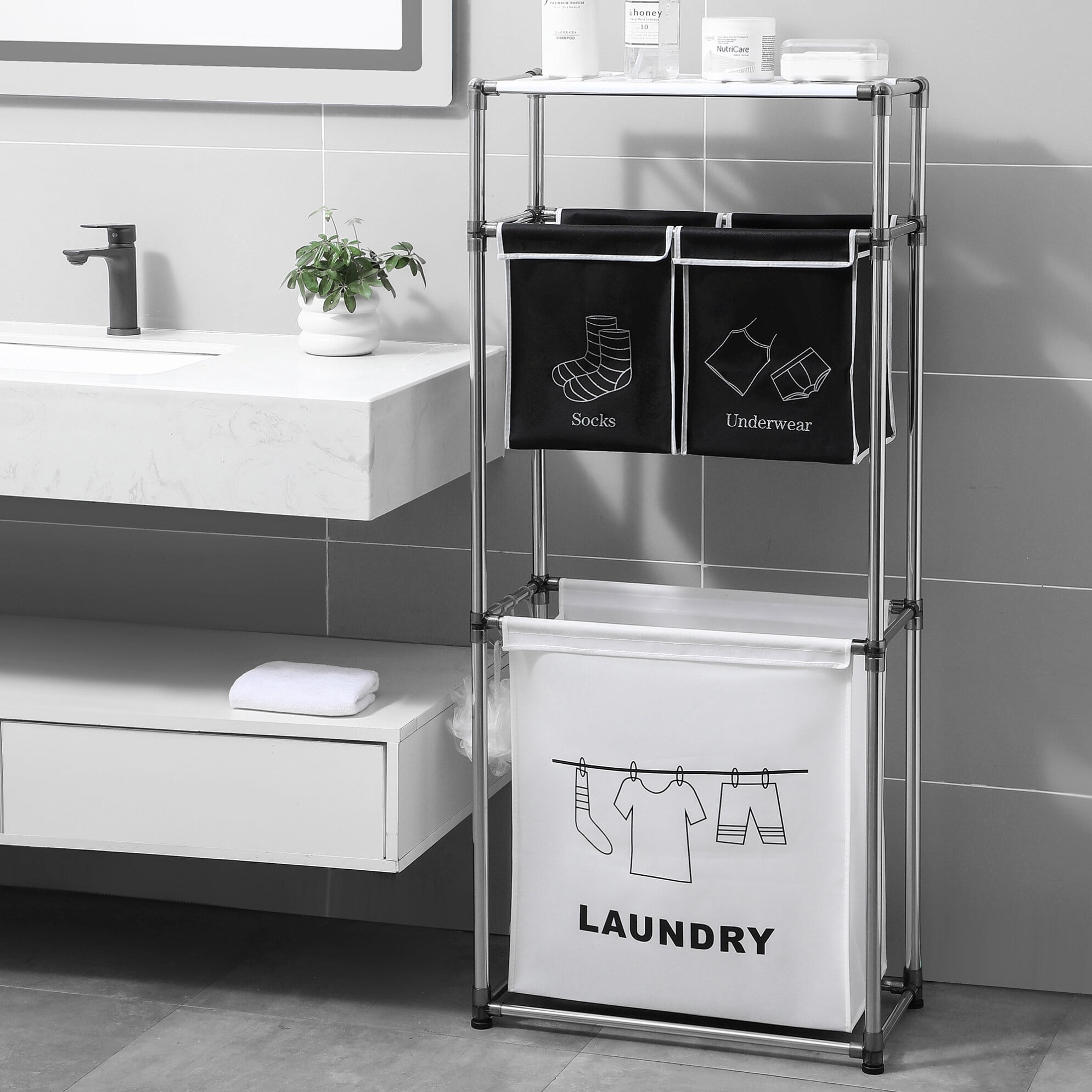 Triple Tree Wheeled 3 Bins Laundry Cart, Black & White - Walmart.com