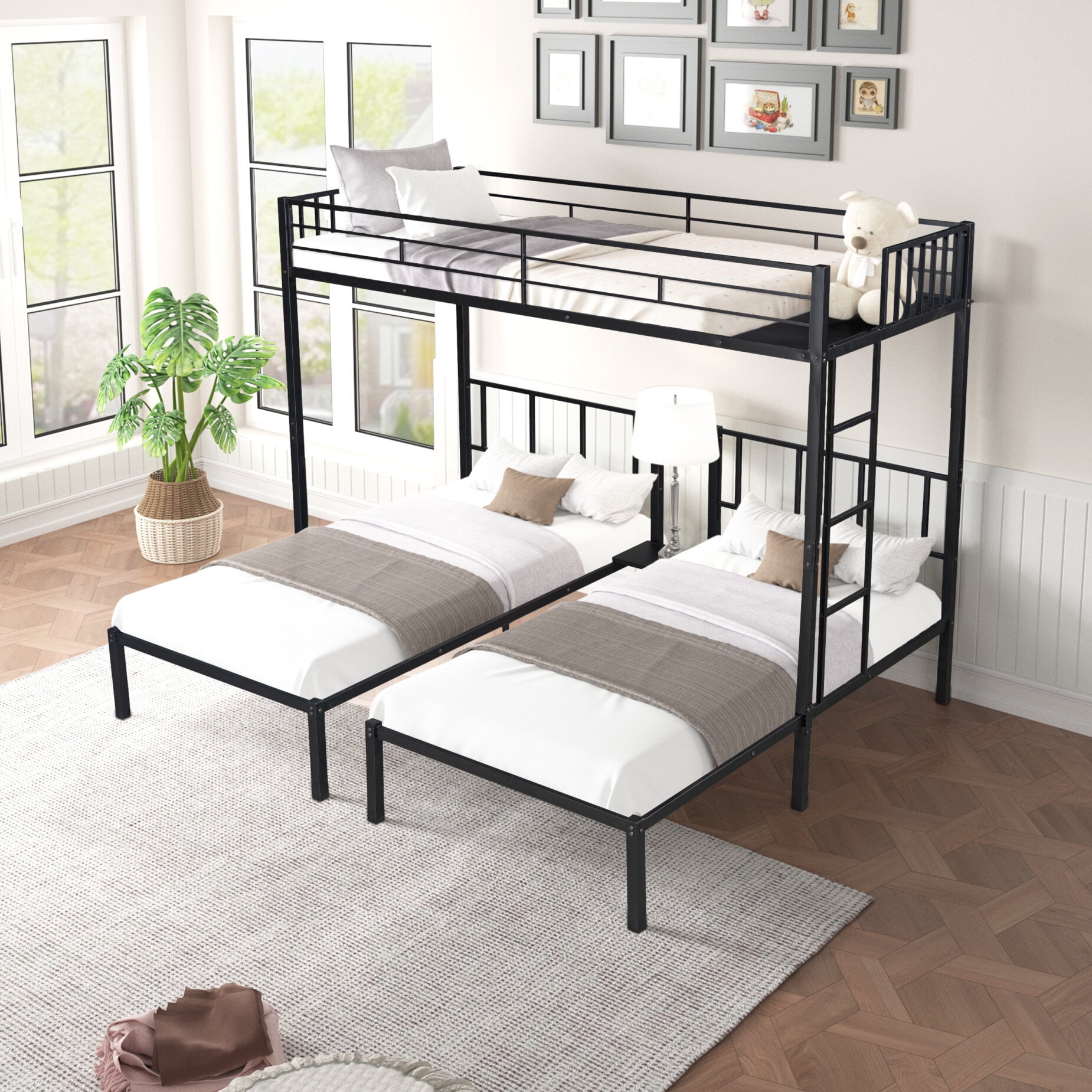 Triple Twin Bunk Bed, Metal 3 Bunk Beds Frame with Built-in Shelf and ...