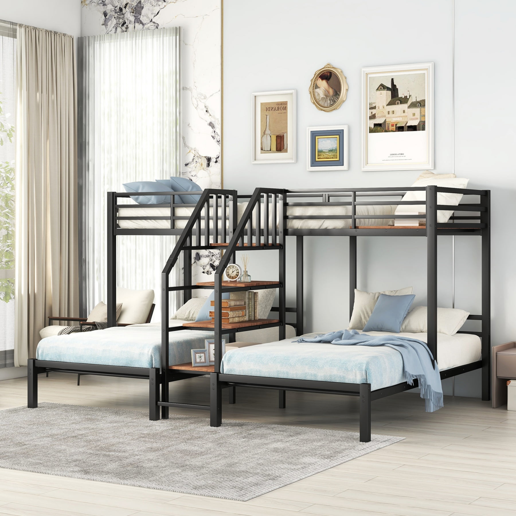 Triple Twin Metal Bunk Bed with Storage Staircase - 3-in-1 Space-Saving ...