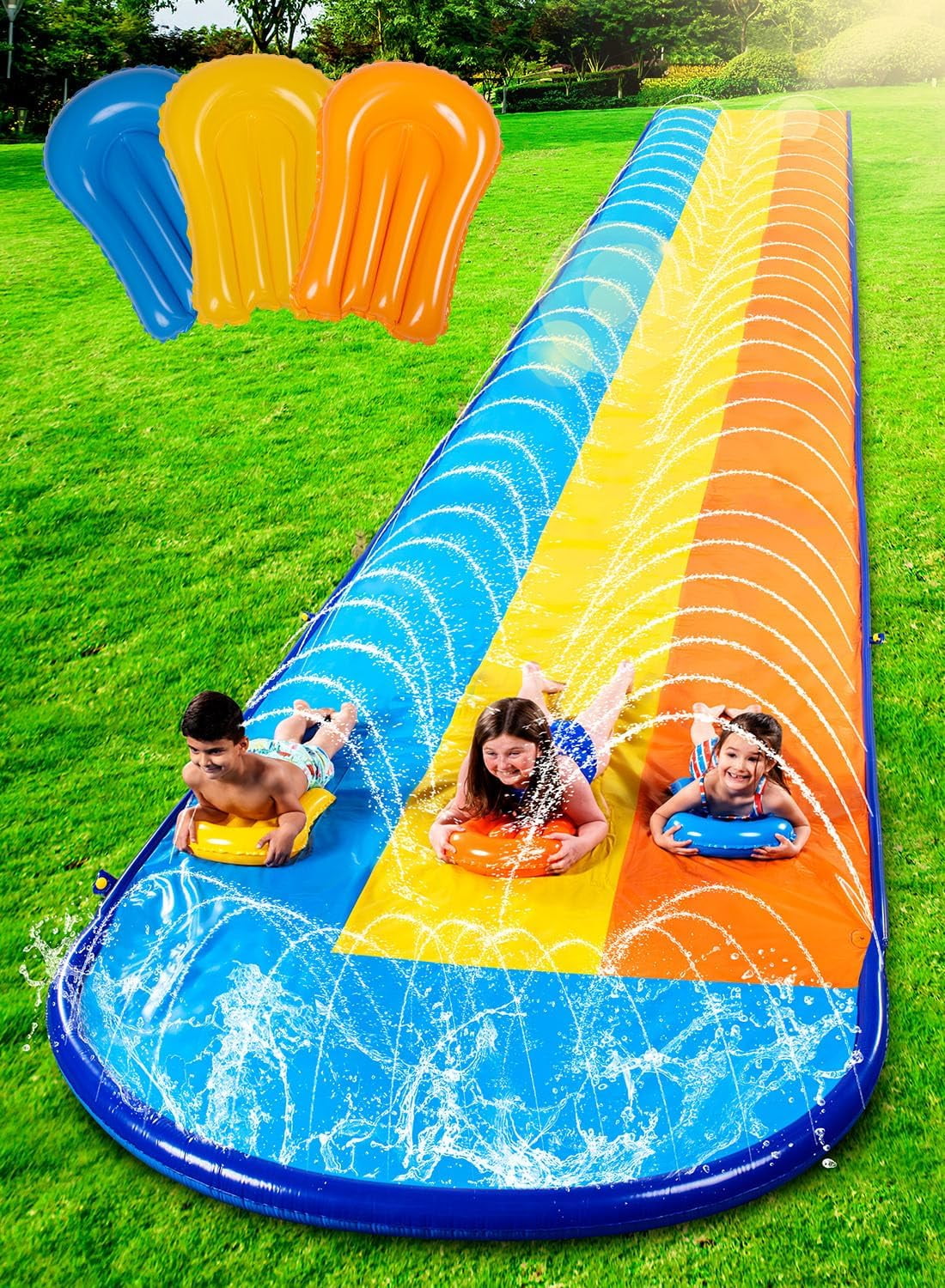 Triple Water Slide with 3 BodyBoards, 22.5FT Lawn Water Splash Slip and ...