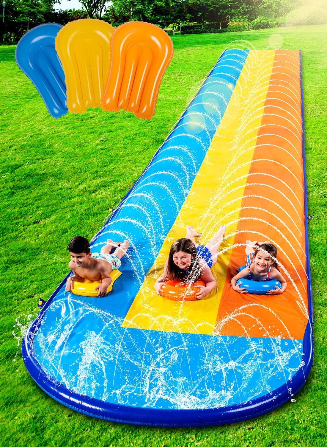 Triple Water Slide with 3 BodyBoards, 22.5FT Lawn Water Splash Slip and ...