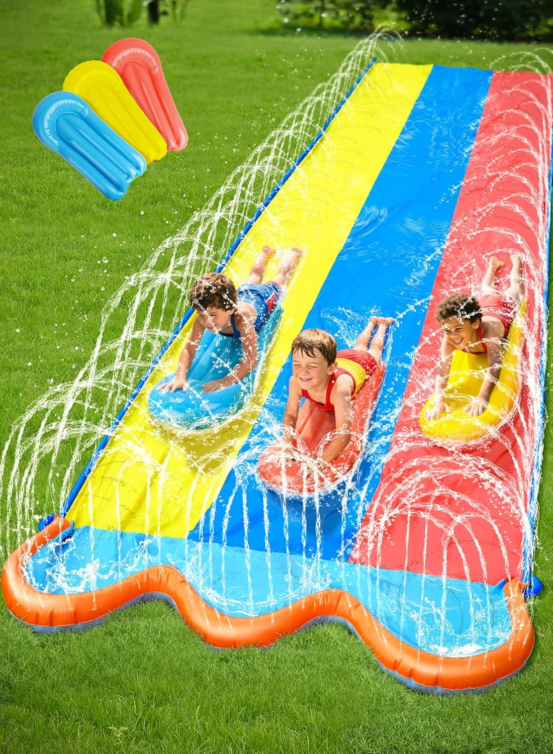 Triple Water Slide with 3 BodyBoards, Lawn Water Splash Slide Backyard ...