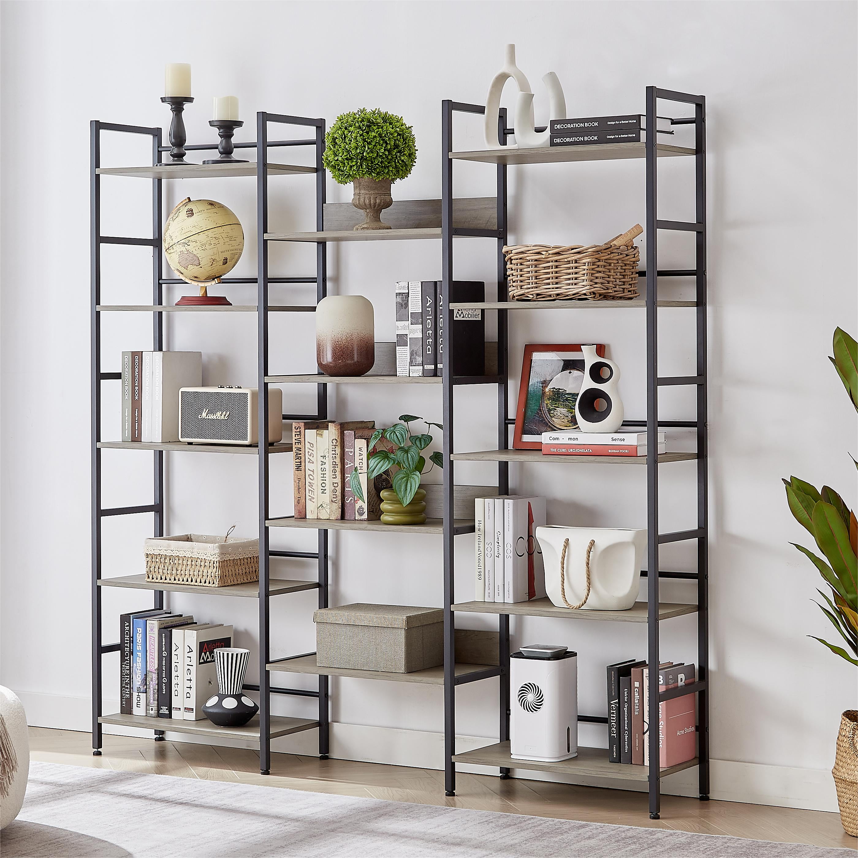 Triple Wide 5-Shelf Industrial Bookcase,Vintage Wood Style Large Open ...