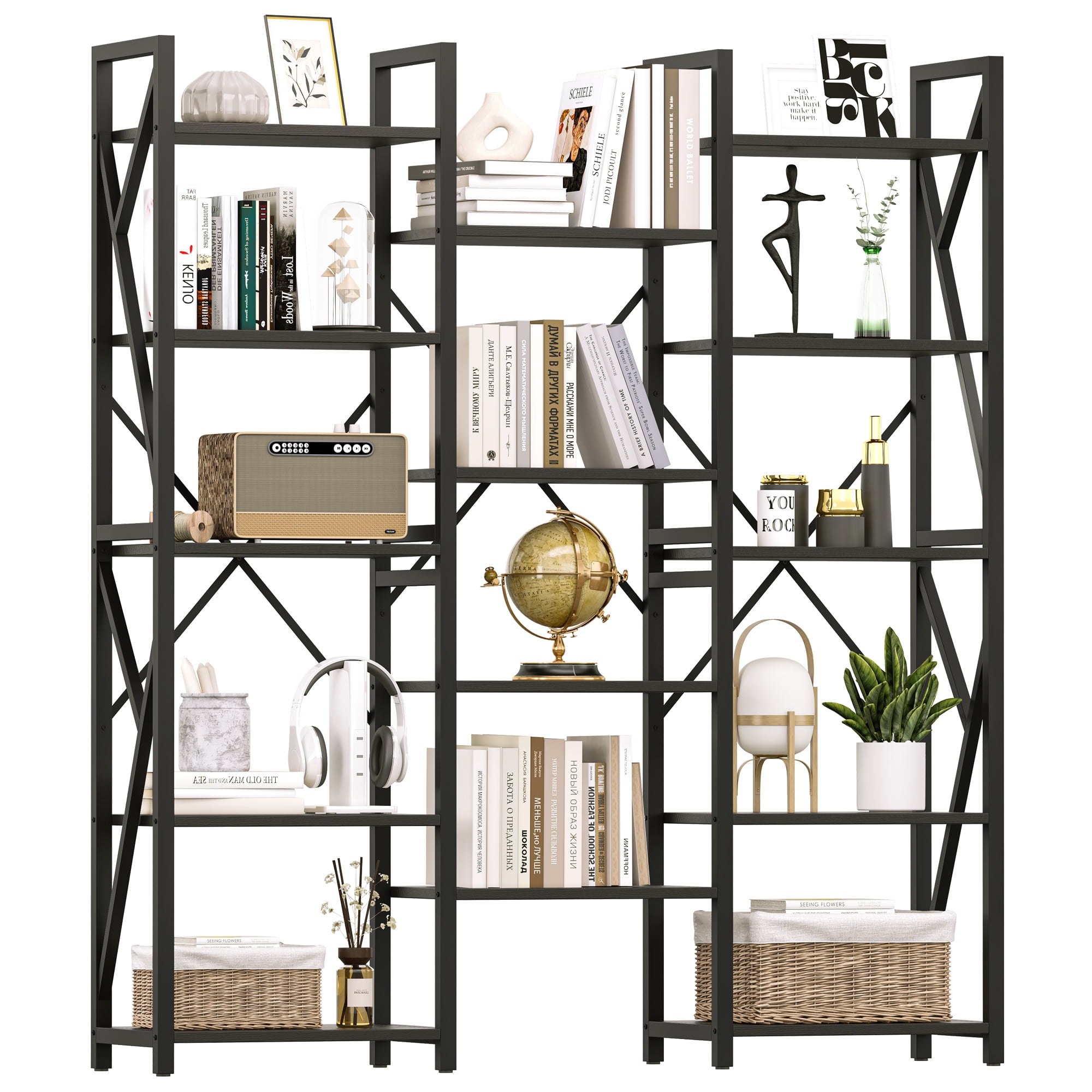 Triple Wide 5 Tier Book Shelf, Tall Bookshelf with Open Display Shelves ...