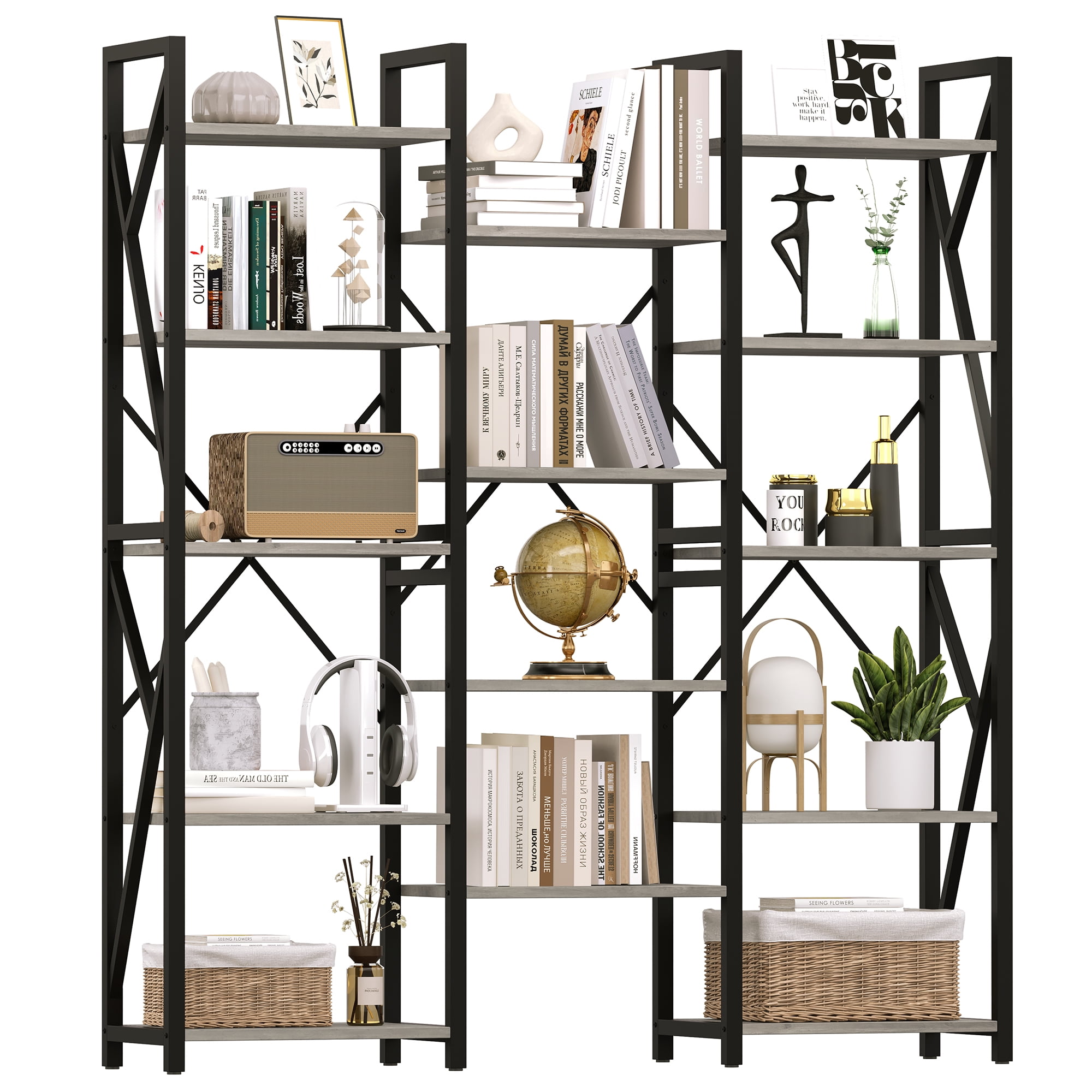 Triple Wide 5 Tier Book Shelf, Tall Bookshelf with Open Display Shelves ...