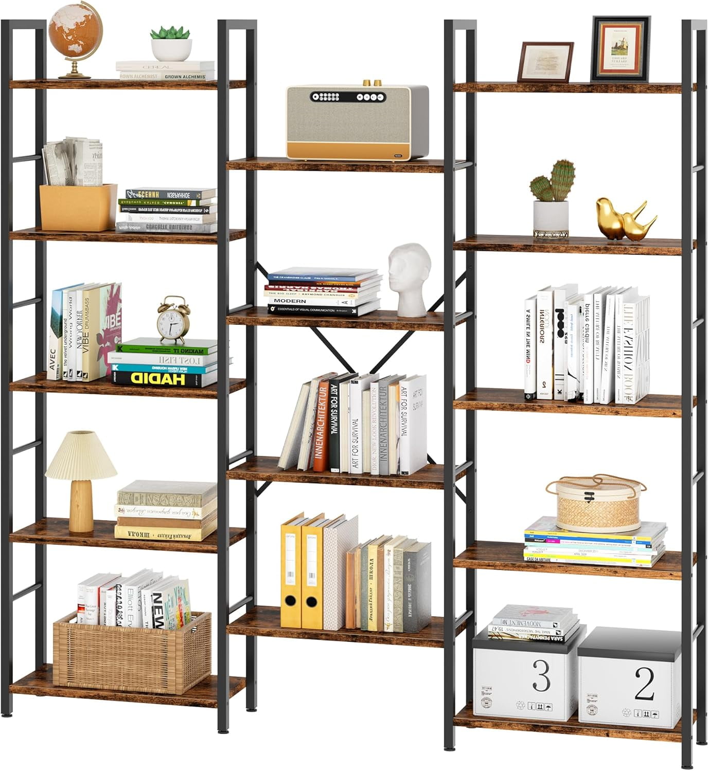 Triple Wide 5 Tier Bookshelf Book Shelf with 14 Open Display Shelves ...