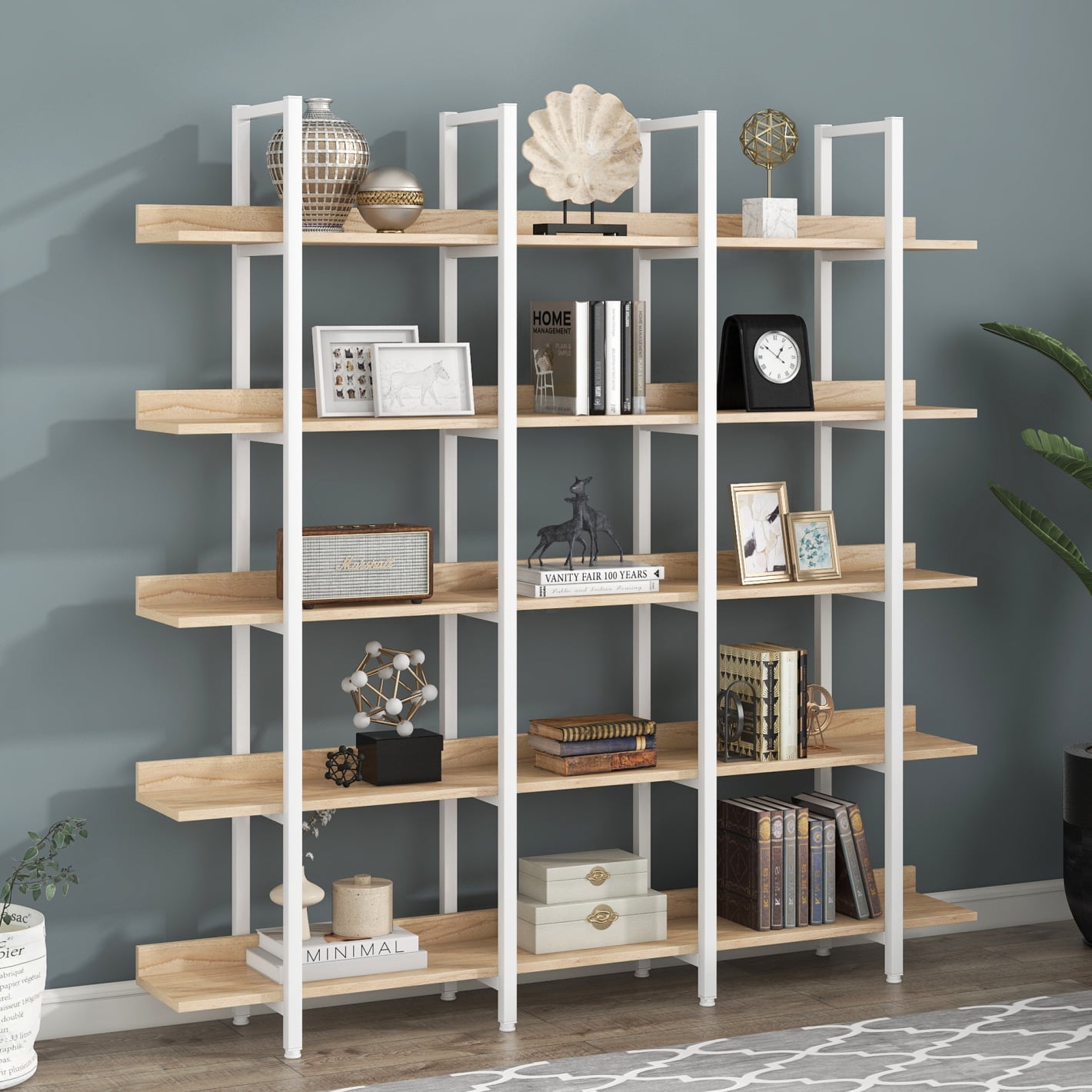 Triple Wide 5-Tier Bookshelf, Display Bookcase with Metal Frame ...